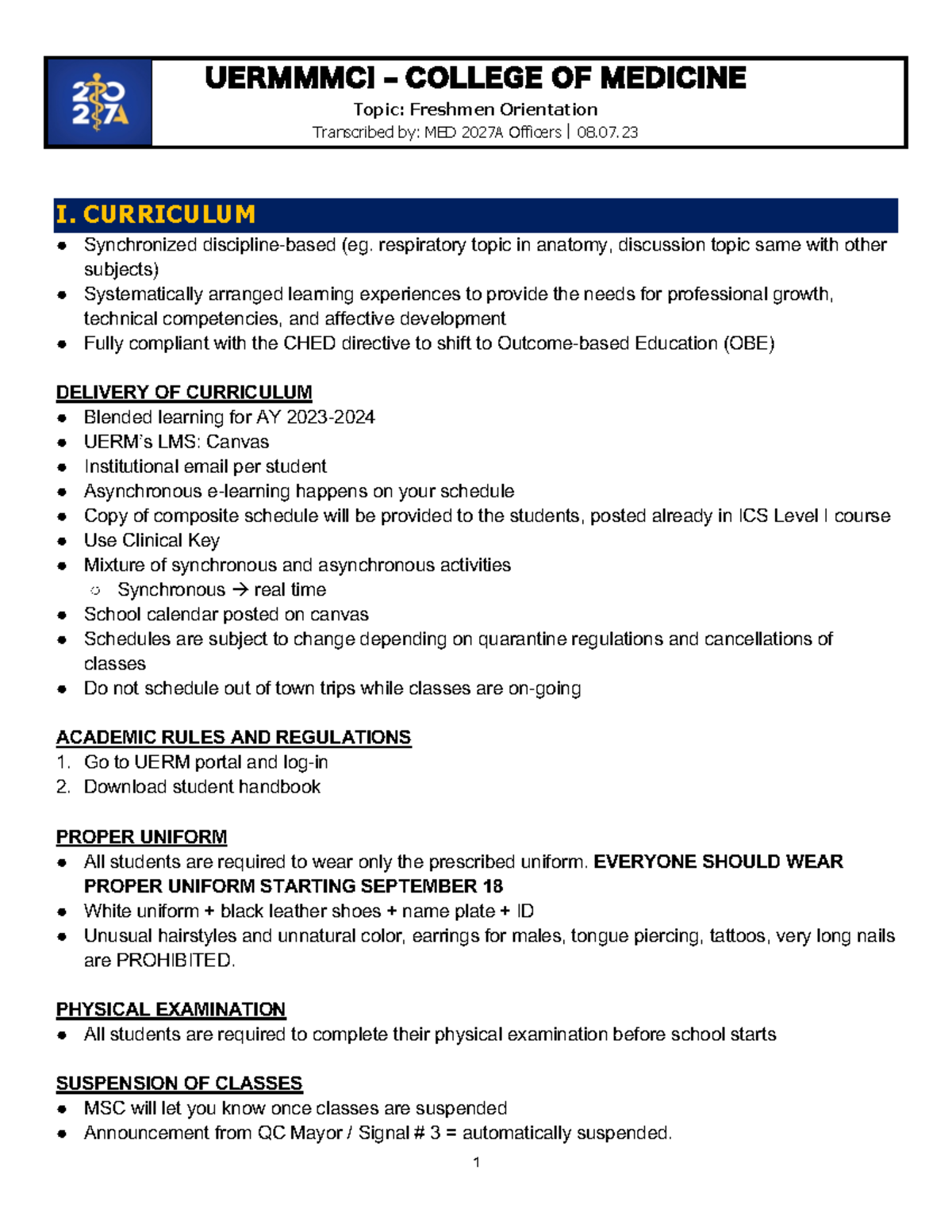 MED- Freshmen- Orientation - Topic: Freshmen Orientation Transcribed by ...