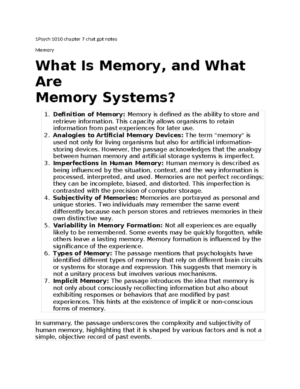 Psych 1010 chapter 7 - 1Psych 1010 chapter 7 chat gpt notes Memory What ...