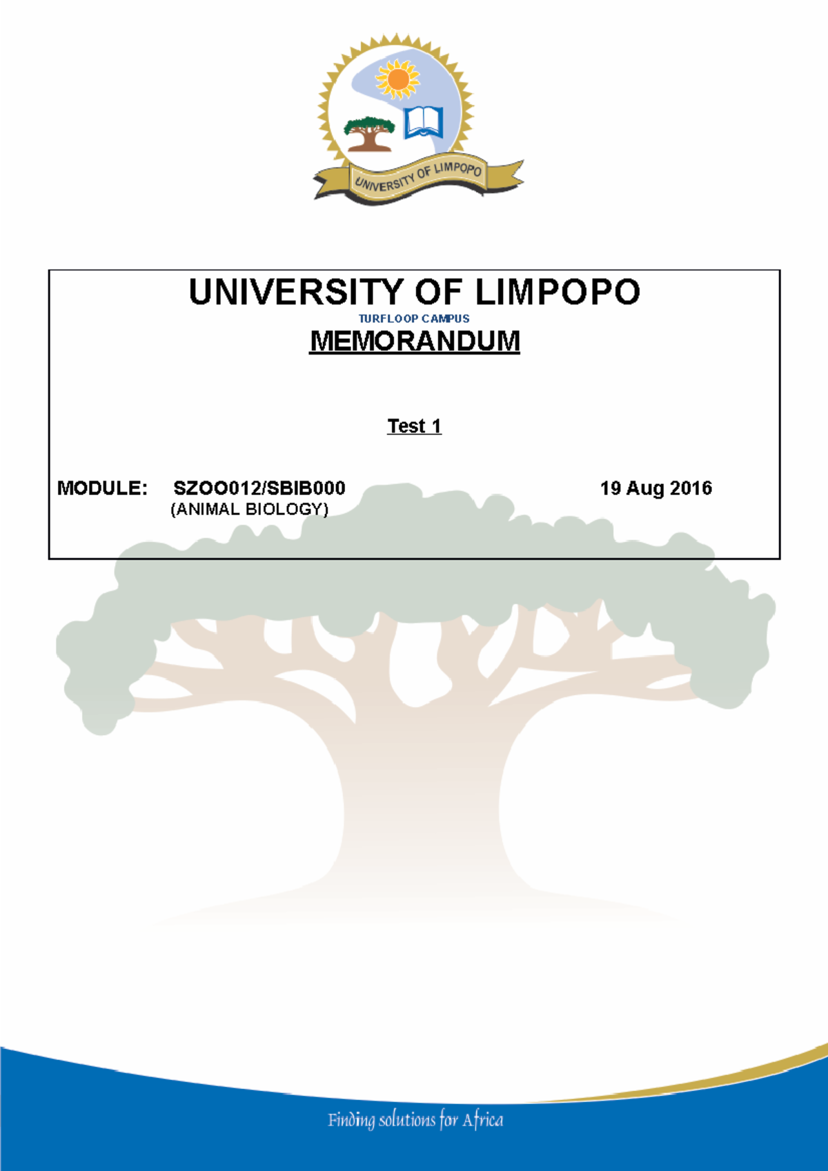 SZOO012 test 1 2016 memo - UNIVERSITY OF LIMPOPO TURFLOOP CAMPUS ...