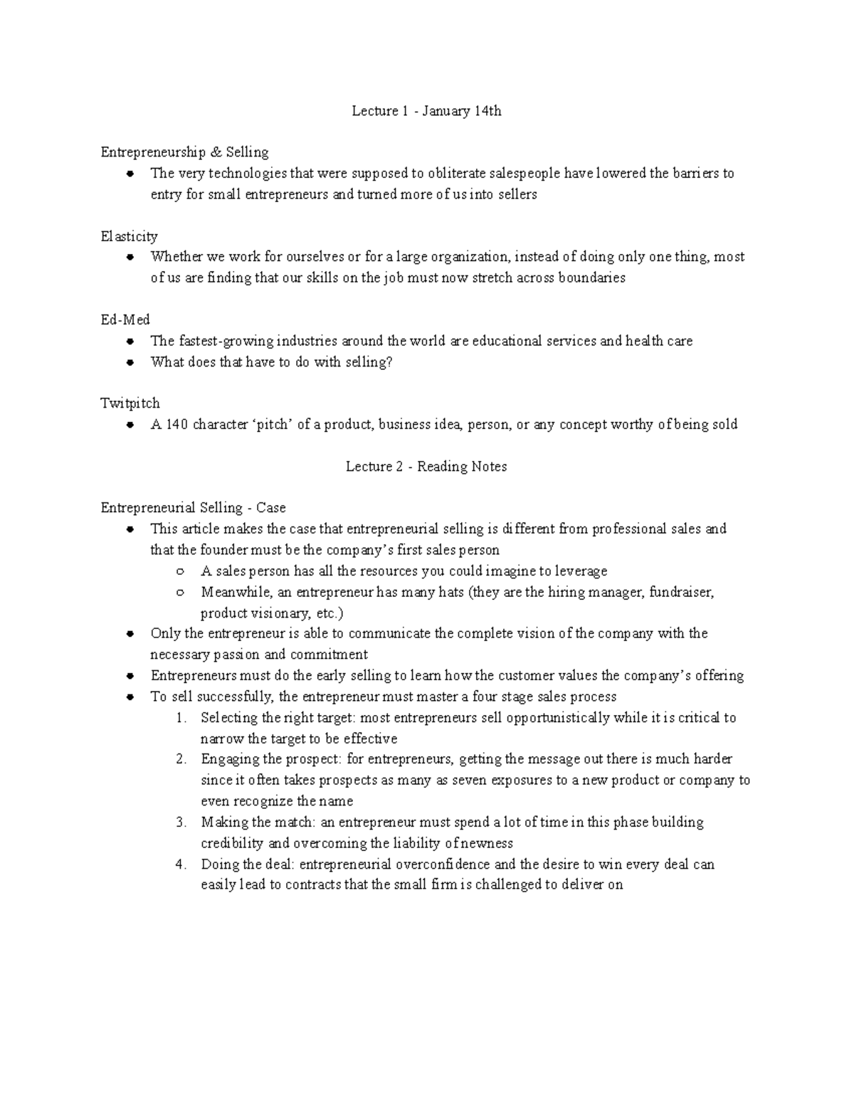 Entrepreneurial Selling Notes - Lecture 1 - January 14th ...