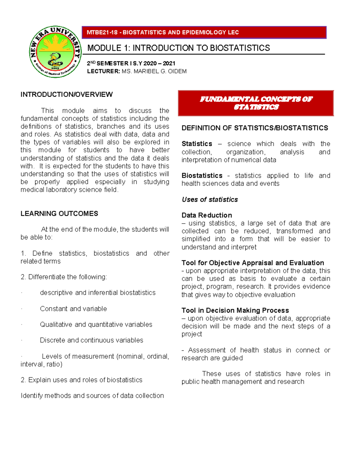 Biostat Lec Lecture Notes Mtbe21 18 Biostatistics And Epidemiology Lec Module 1