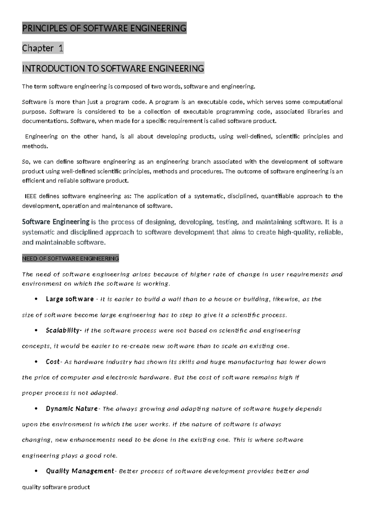 Introduction TO Software Engineering - PRINCIPLES OF SOFTWARE ...