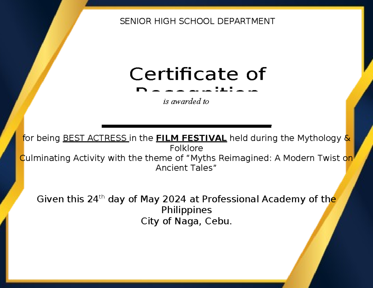 Film Festival Certificates - Secondary Education - is awarded to ...