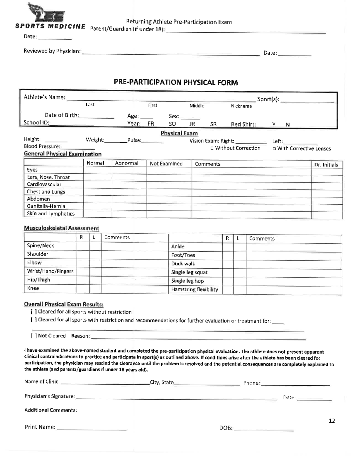 Return Athlete Physical 2 - EXSC 440 - Studocu