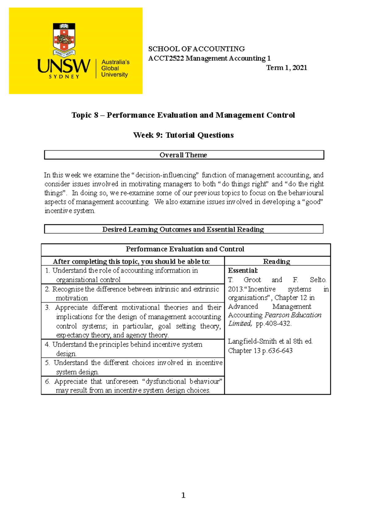 W9 Tute Qs - W9 Tute Qs - SCHOOL OF ACCOUNTING ACCT2522 Management ...