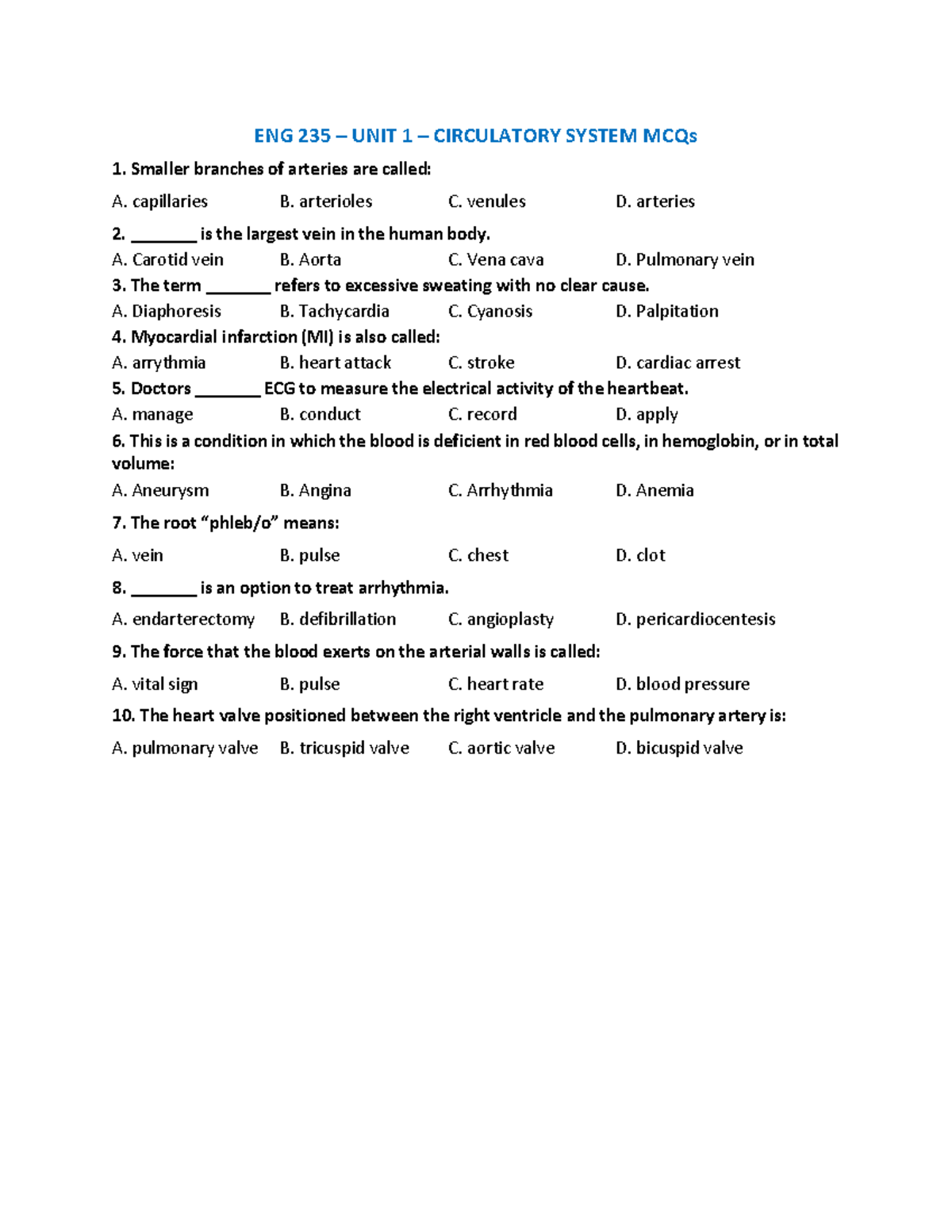 235 U1 Circulatory MCQ - ENG 2 35 – UNIT 1 – CIRCULATORY SYSTEM MCQs 1 ...