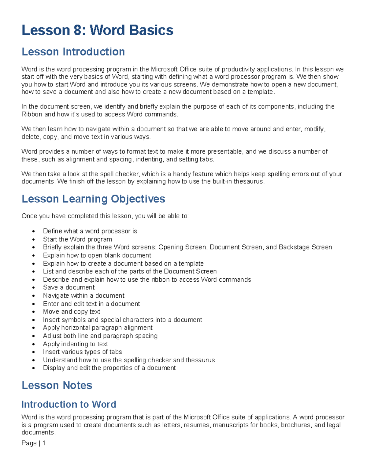 Lesson 8 - Lecture notes 8 - Lesson 8 : Word Basics Lesson Introduction ...