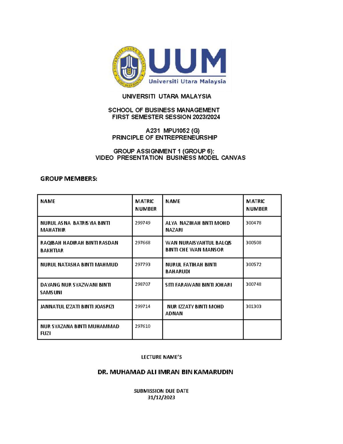 A231 MPU 1052 Group Assignment 1 Video Presentation (TEAM6 ...
