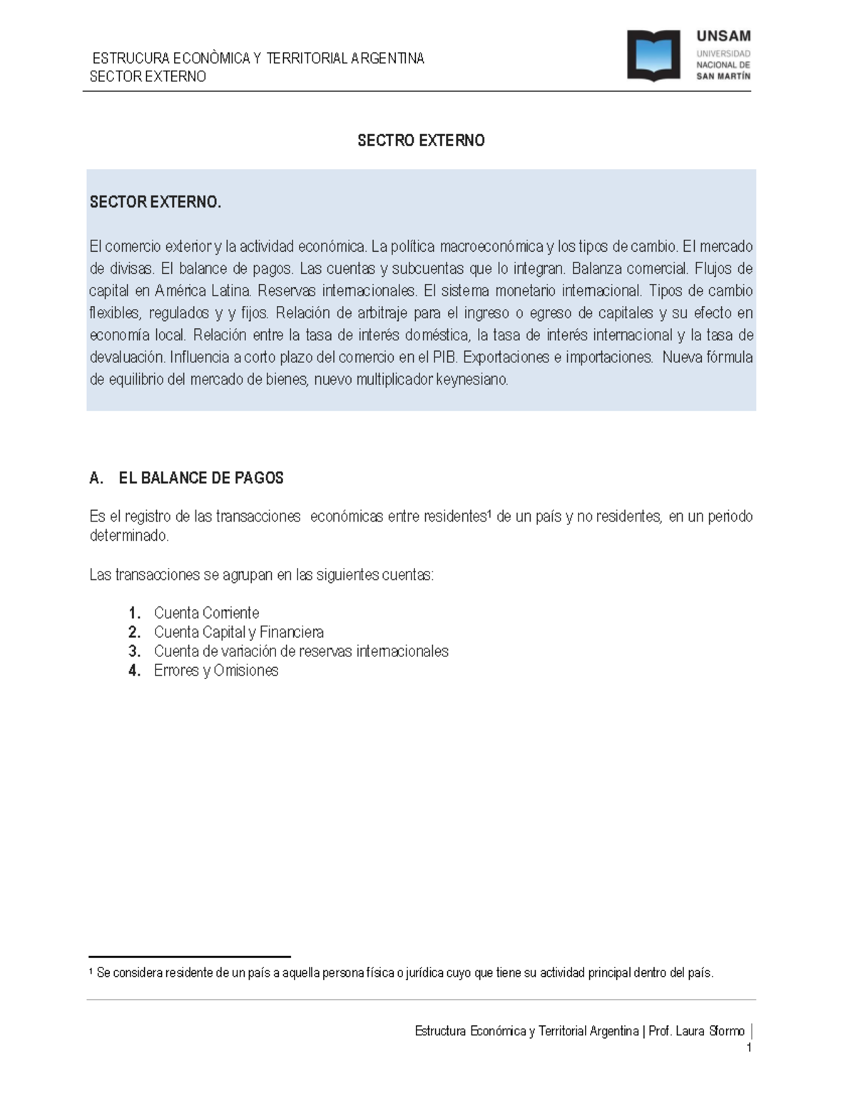 Apunte de Clase - Sector Externo - SECTOR EXTERNO Estructura Económica ...
