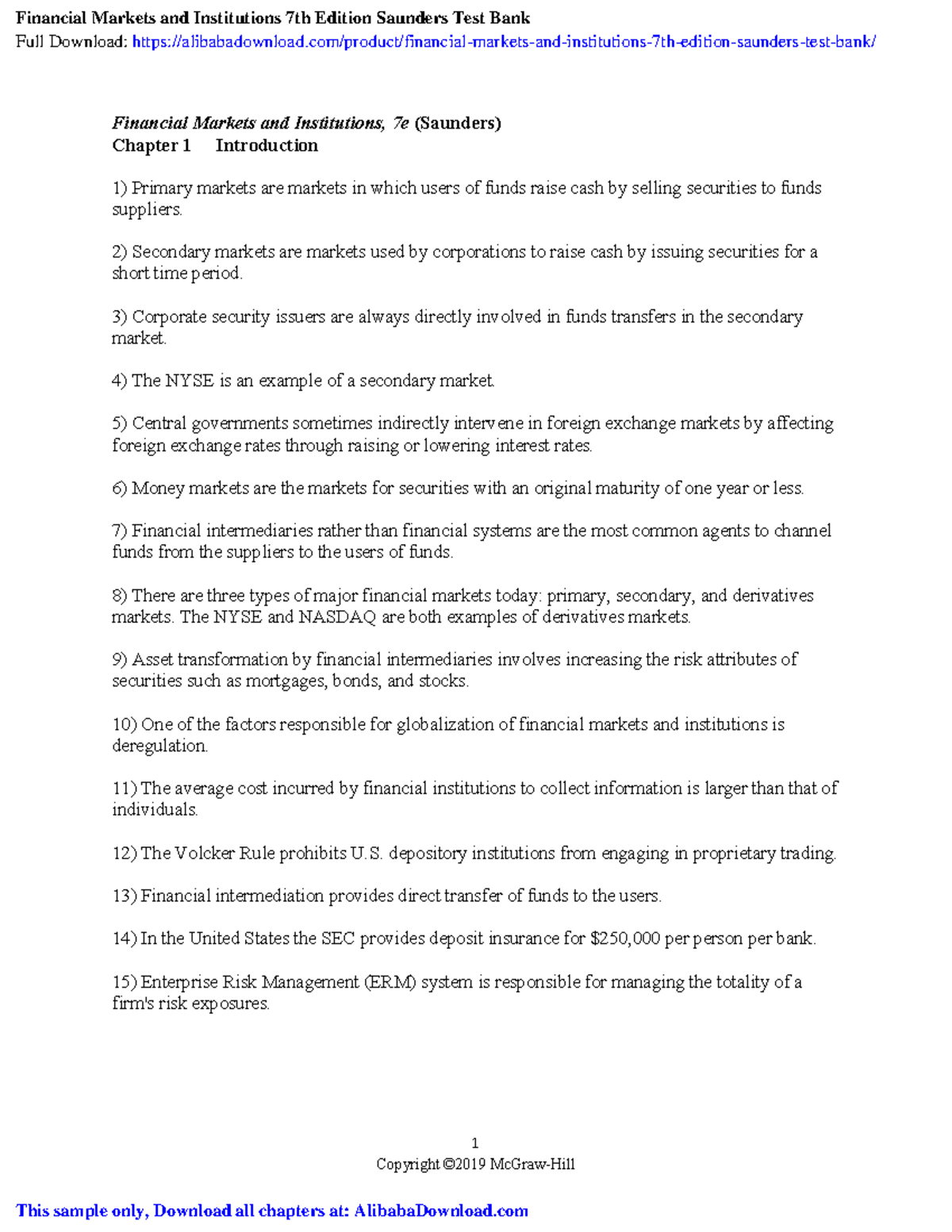 Financial markets and institutions 7th edition saunders test bank - 1 ...