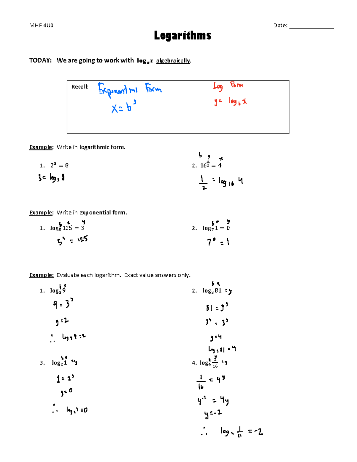 6.4 Log Expressions Lesson - MHF 4U0 Date: ______________ Logarithms ...