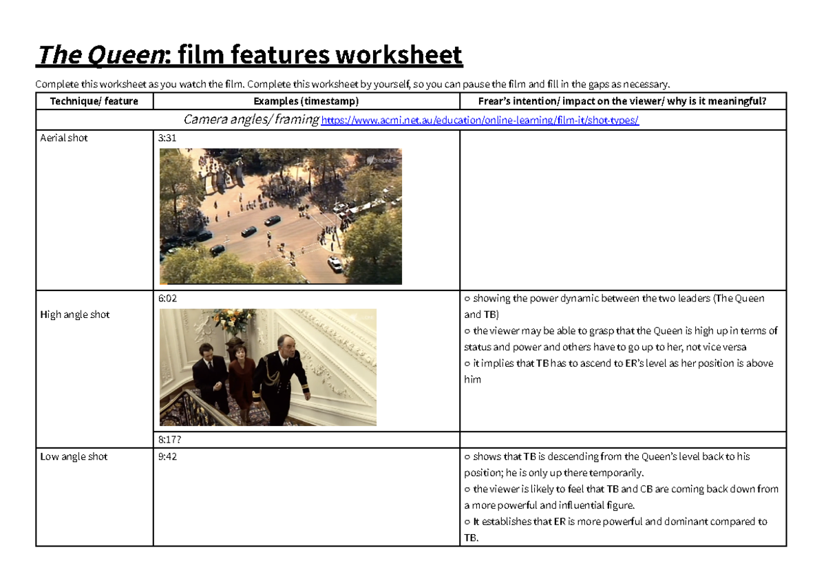 The Queen film features worksheet - The Queen: film features worksheet Complete this worksheet ...