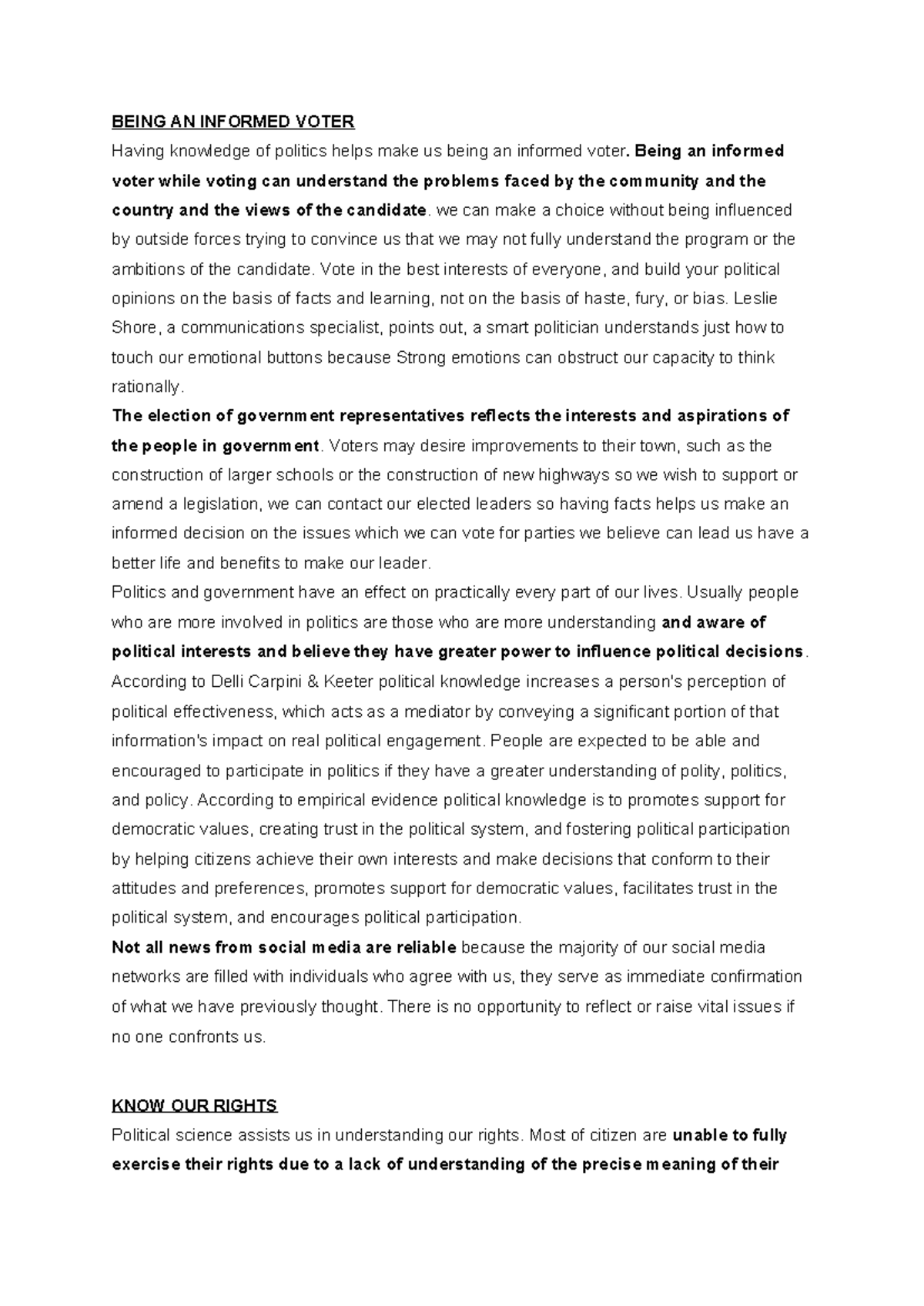 Importants of Political Science - BEING AN INFORMED VOTER Having ...