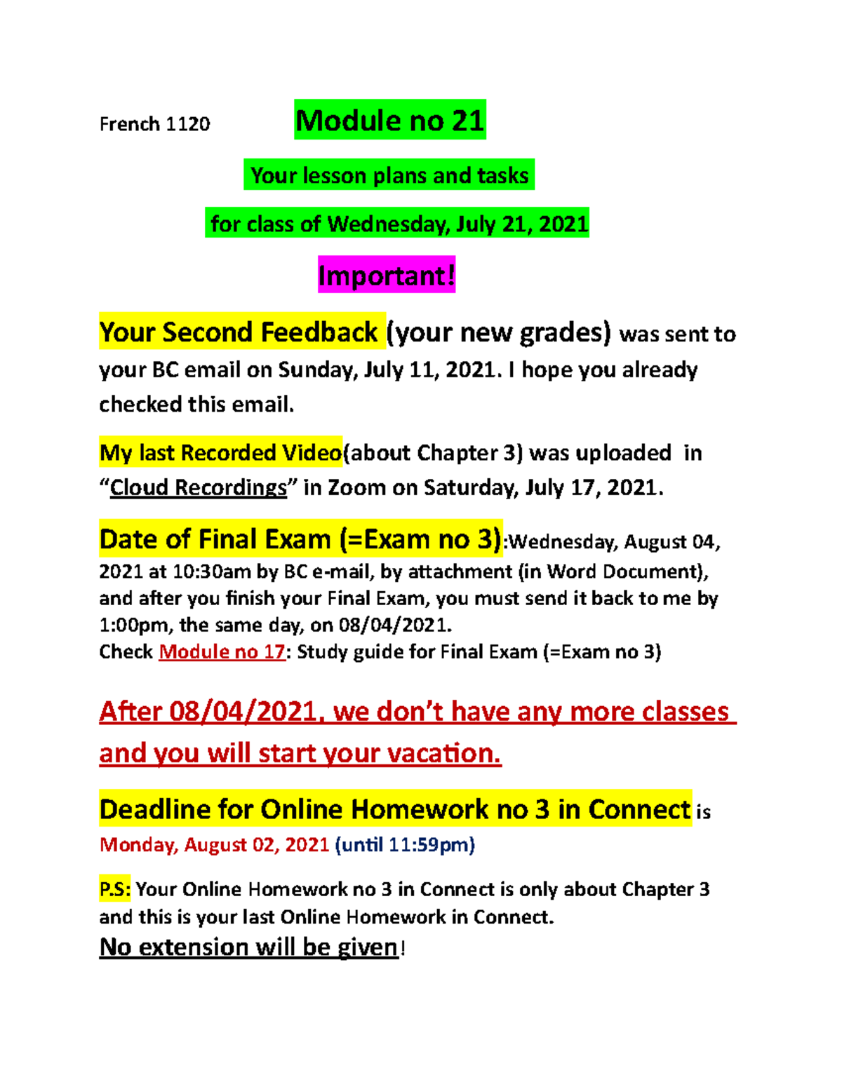 Module no 21 Your lesson plans and tasks for Class of Wednesday, July ...