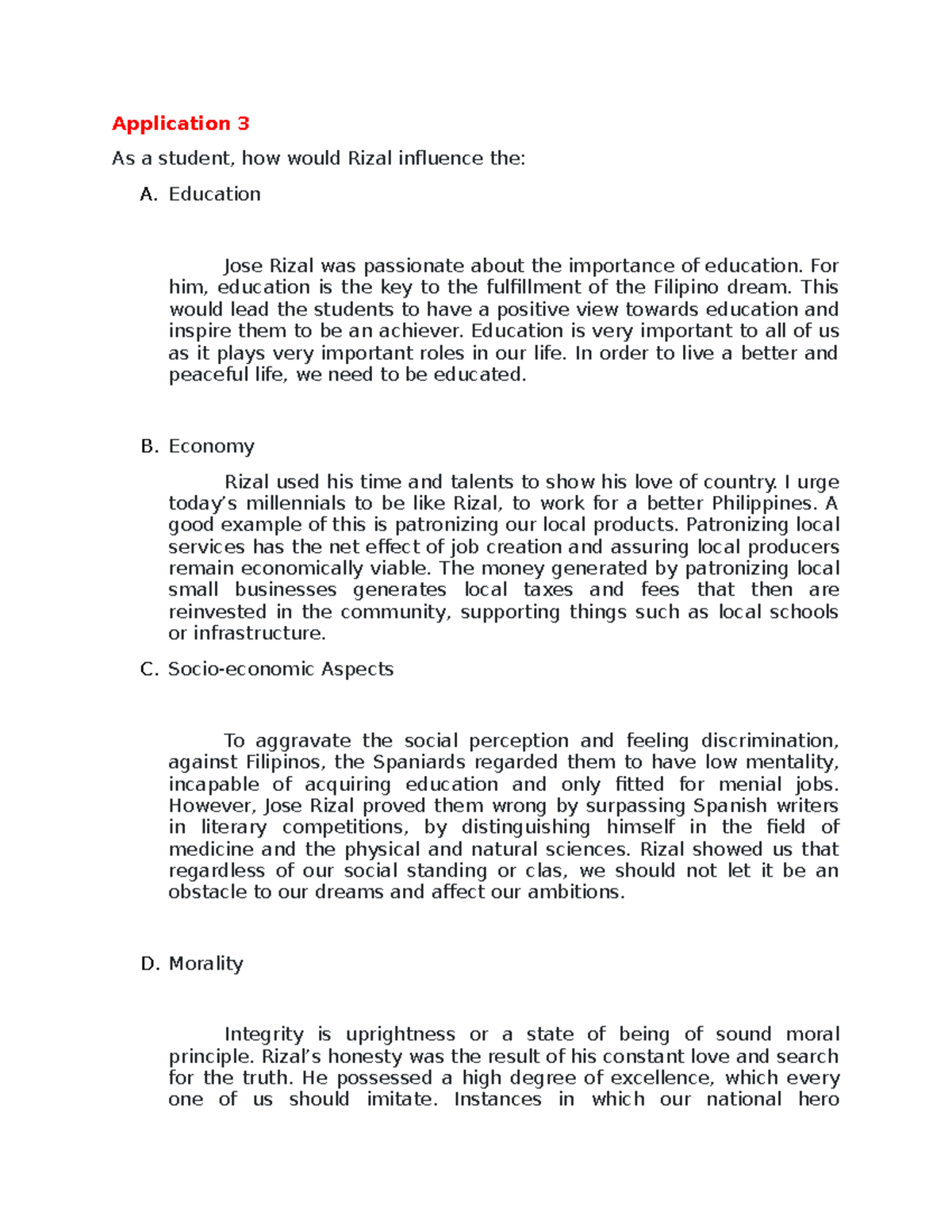 HIST - M 3 - Application - Application 3 As a student, how would Rizal ...