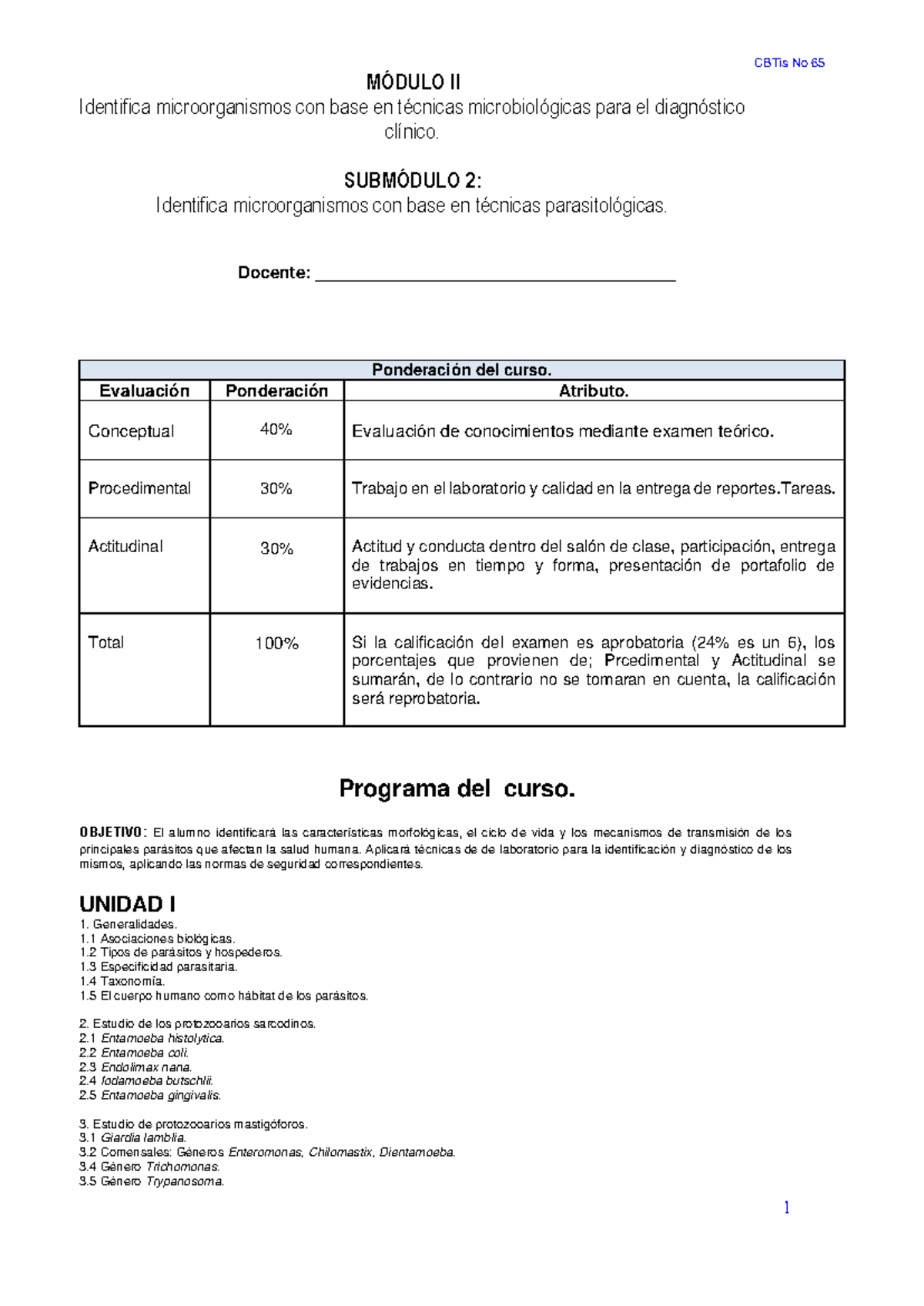 Temario curso de Parasitologia 2022-1 - M”DULO II Identifica microorganismos con base en ...