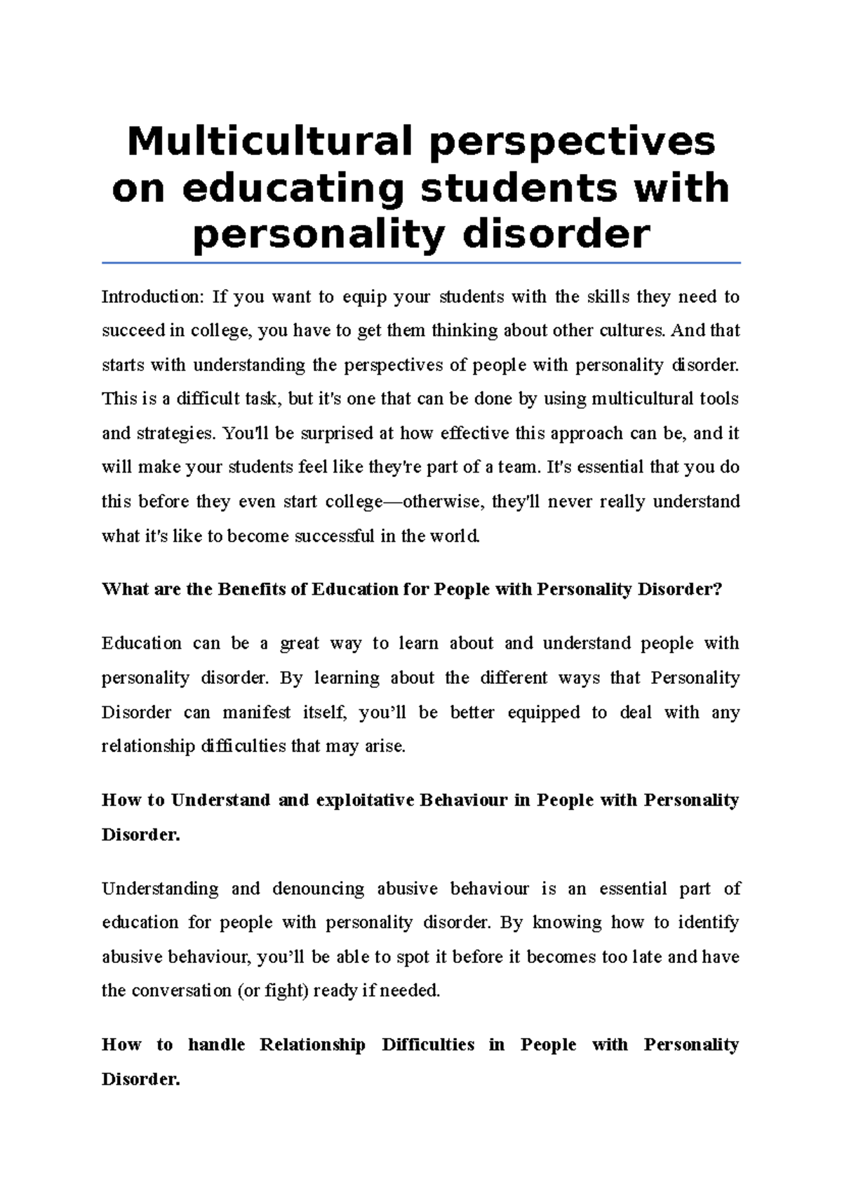 Multicultural perspectives on educating students with personality ...
