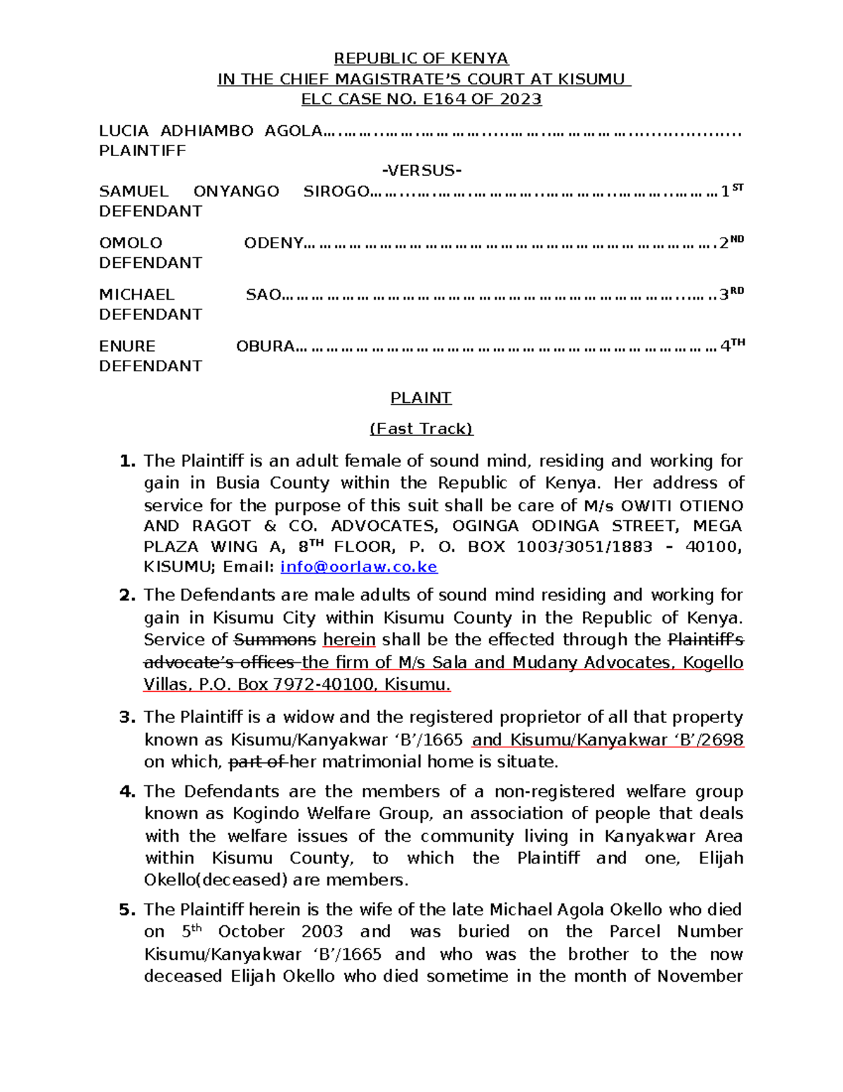 Amended Plaint, Lucia Agola - REPUBLIC OF KENYA IN THE CHIEF MAGISTRATE ...
