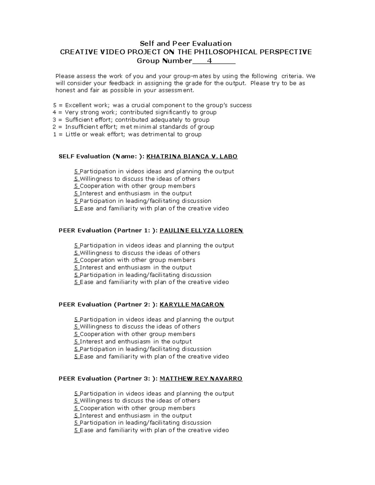 SELF AND PEER Evaluation - Self and Peer Evaluation CREATIVE VIDEO ...