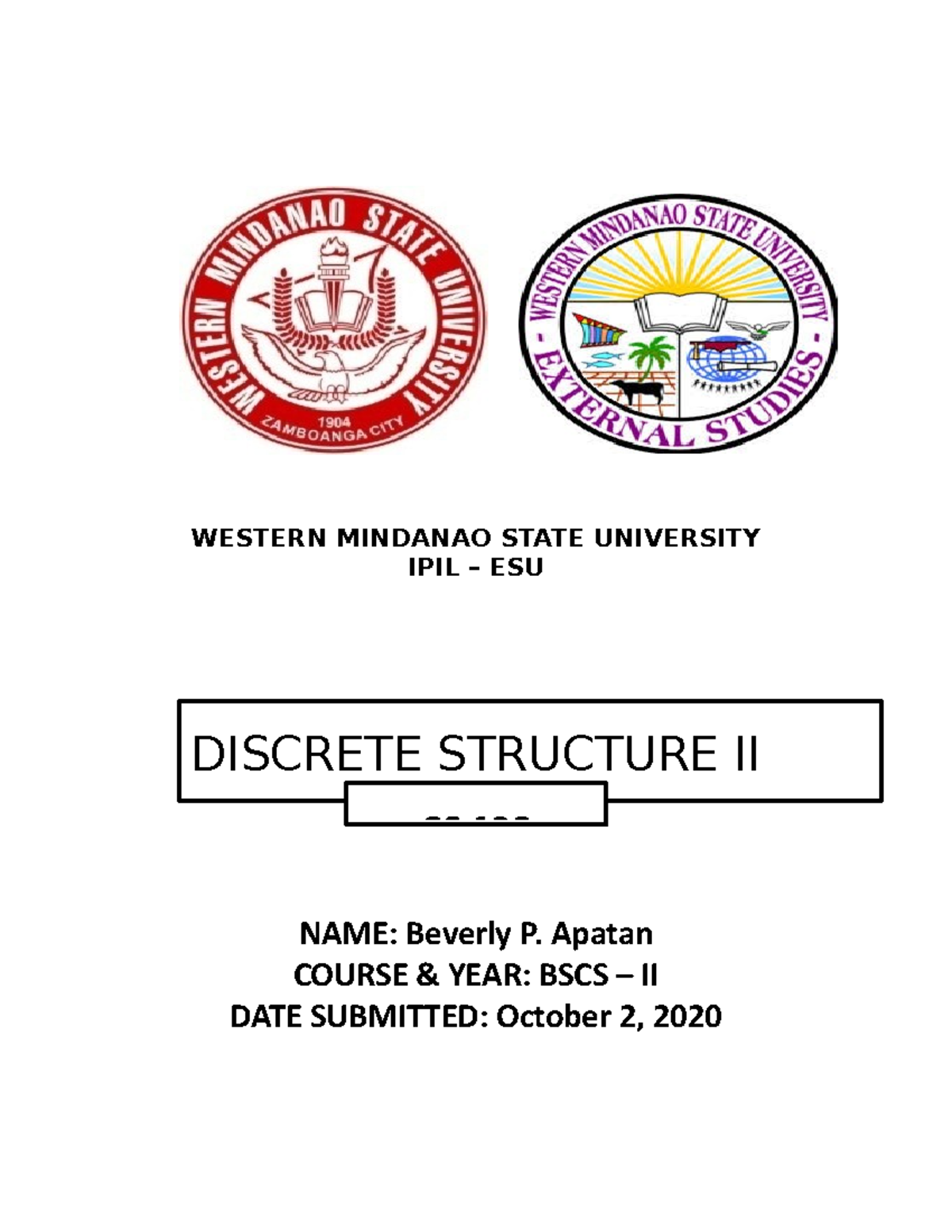 Week 2 activity DS - Discrete subject - WESTERN MINDANAO STATE ...