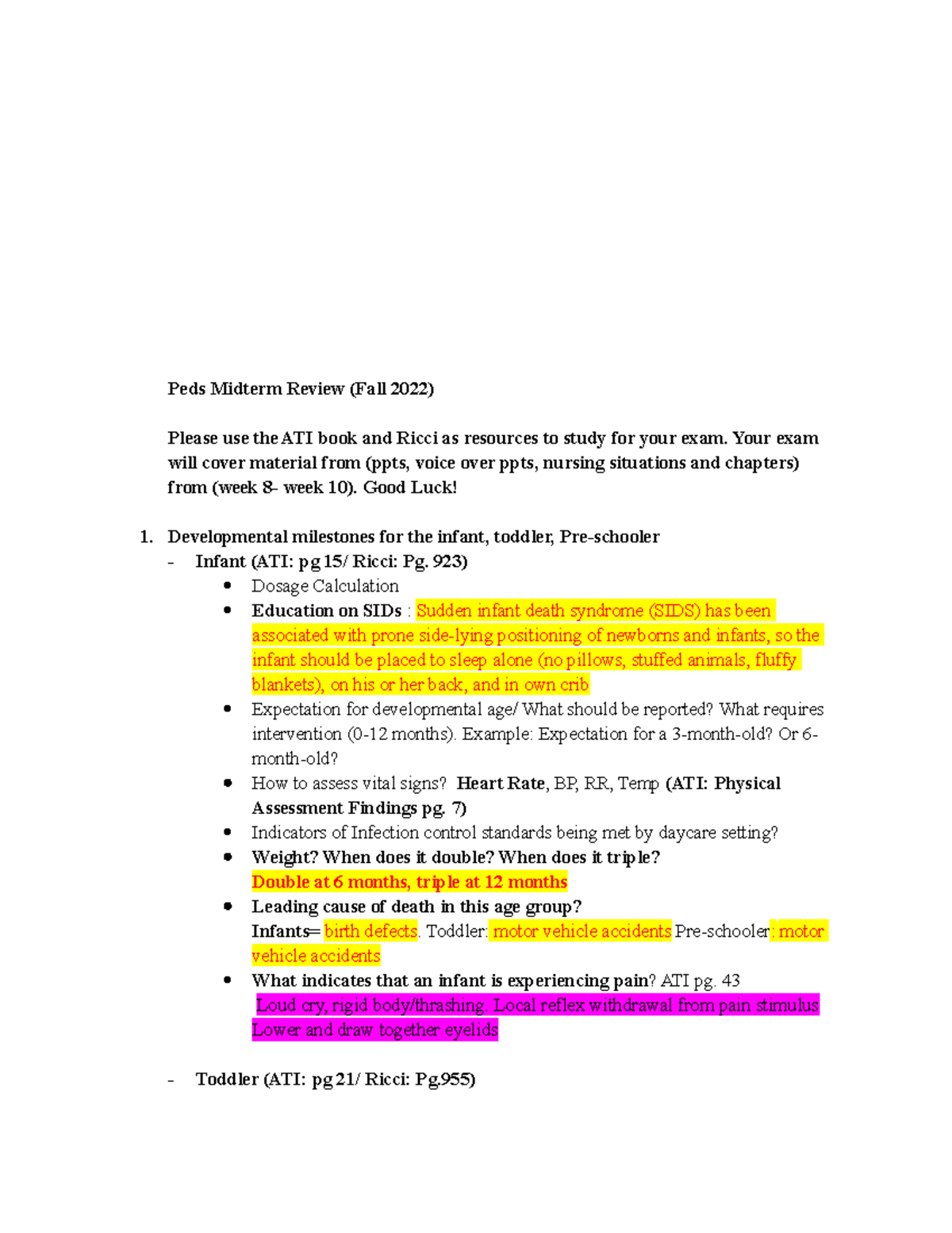 Peds Midterm exam Fall 2022 - Peds Midterm Review (Fall 2022) Please ...