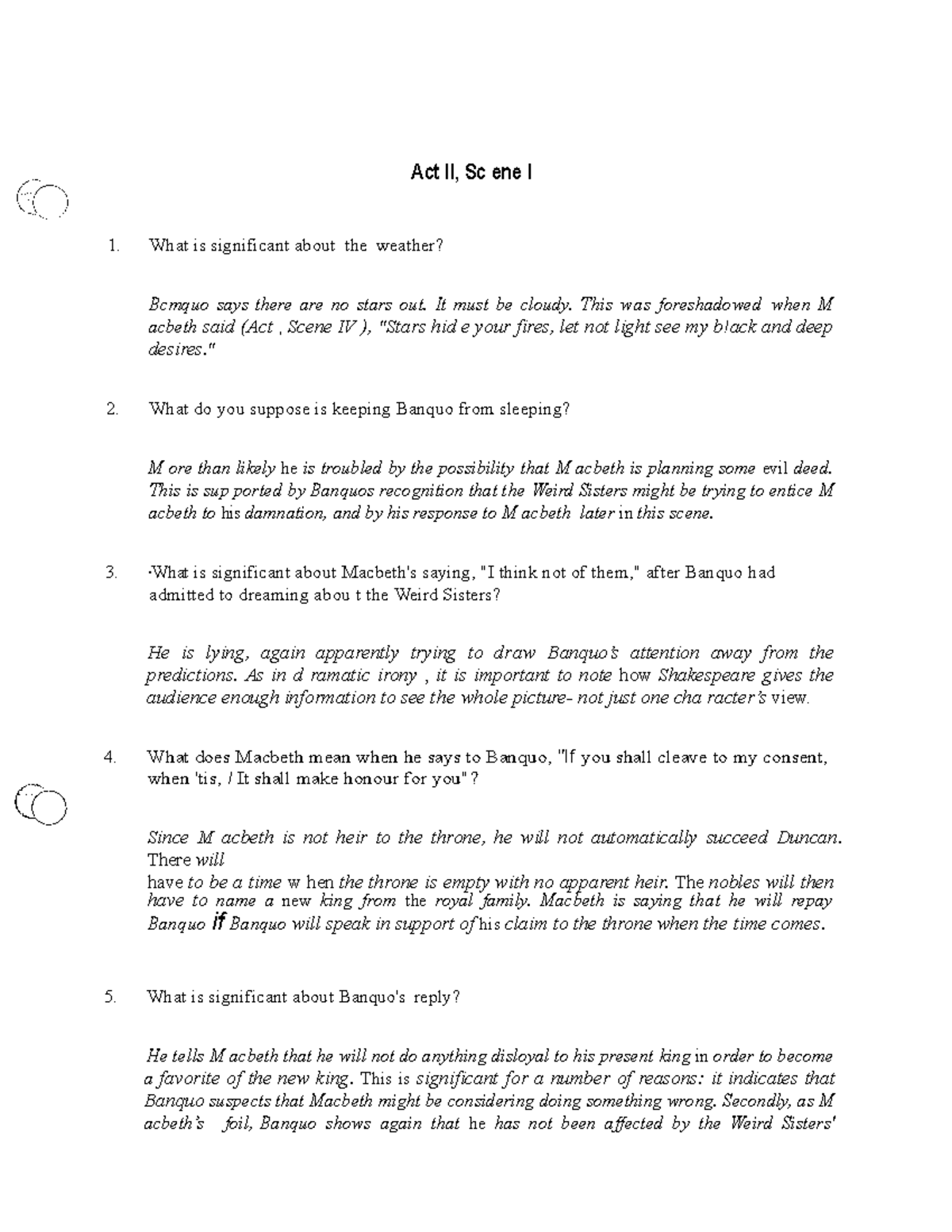 Act ii macbeth questions answers - Act II, Sc ene I 1. What is ...