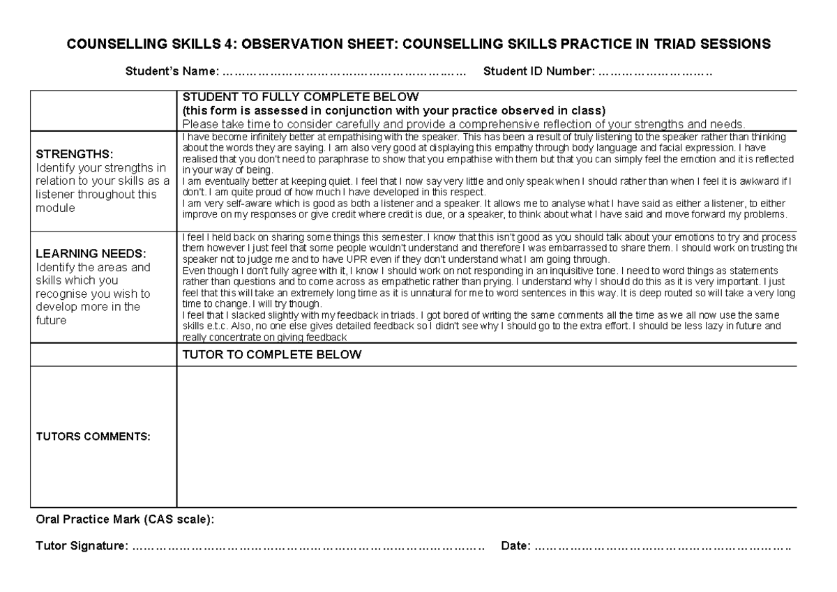 Practice sheet review 4 - COUNSELLING SKILLS 4: OBSERVATION SHEET ...