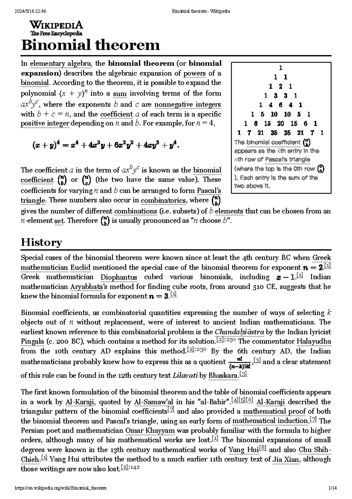 Binomial theorem - Wikipedia - The binomial coefficient appears as the kth entry in the nth row ...