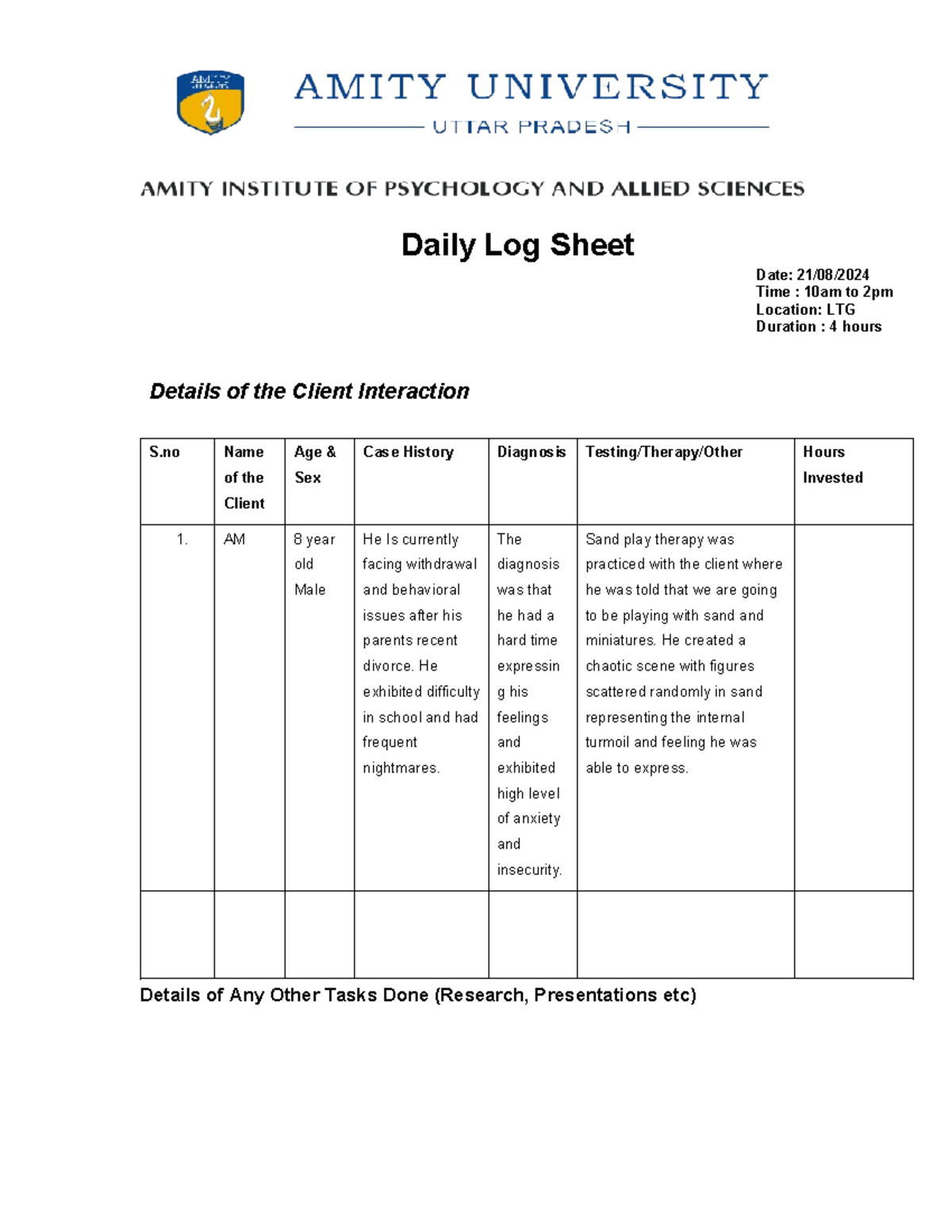 Daily Log sheet (sem 2) Sanya - Daily Log Sheet Date: 21/08/ Time ...