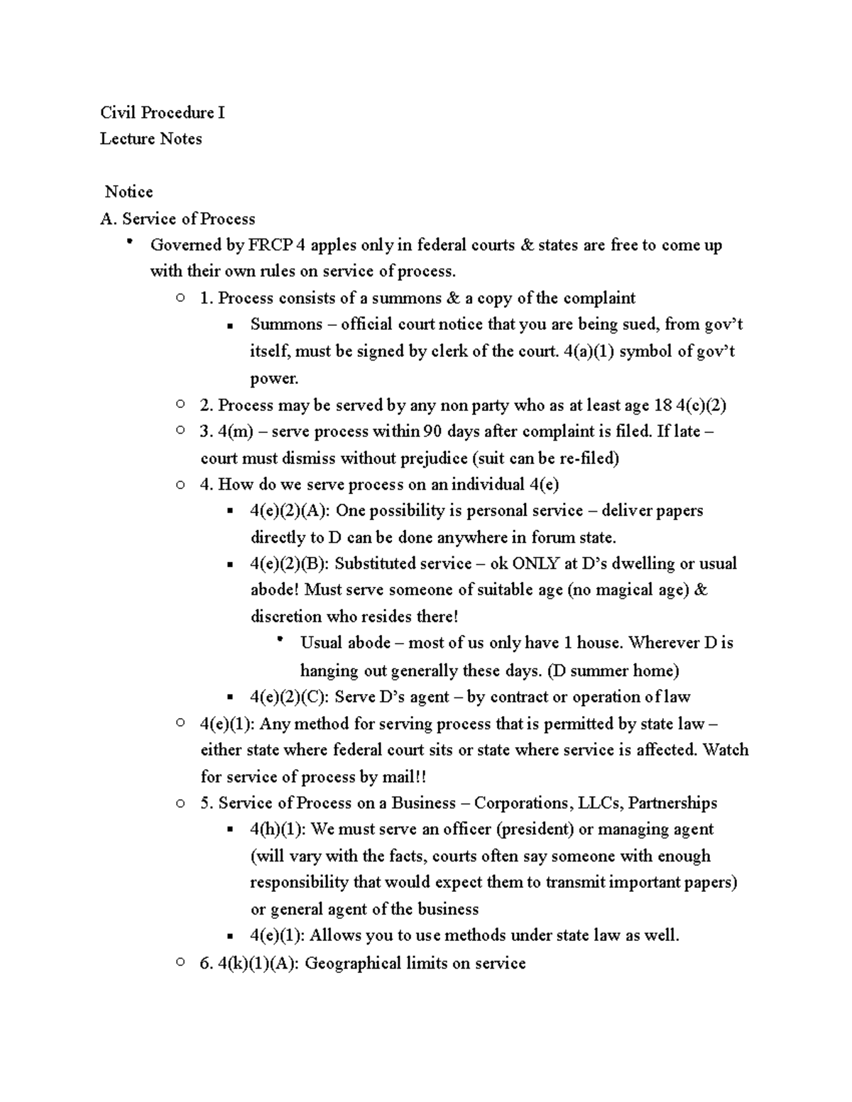 Civil Procedure I Lecture Notes Notice - Service of Process - Governed ...