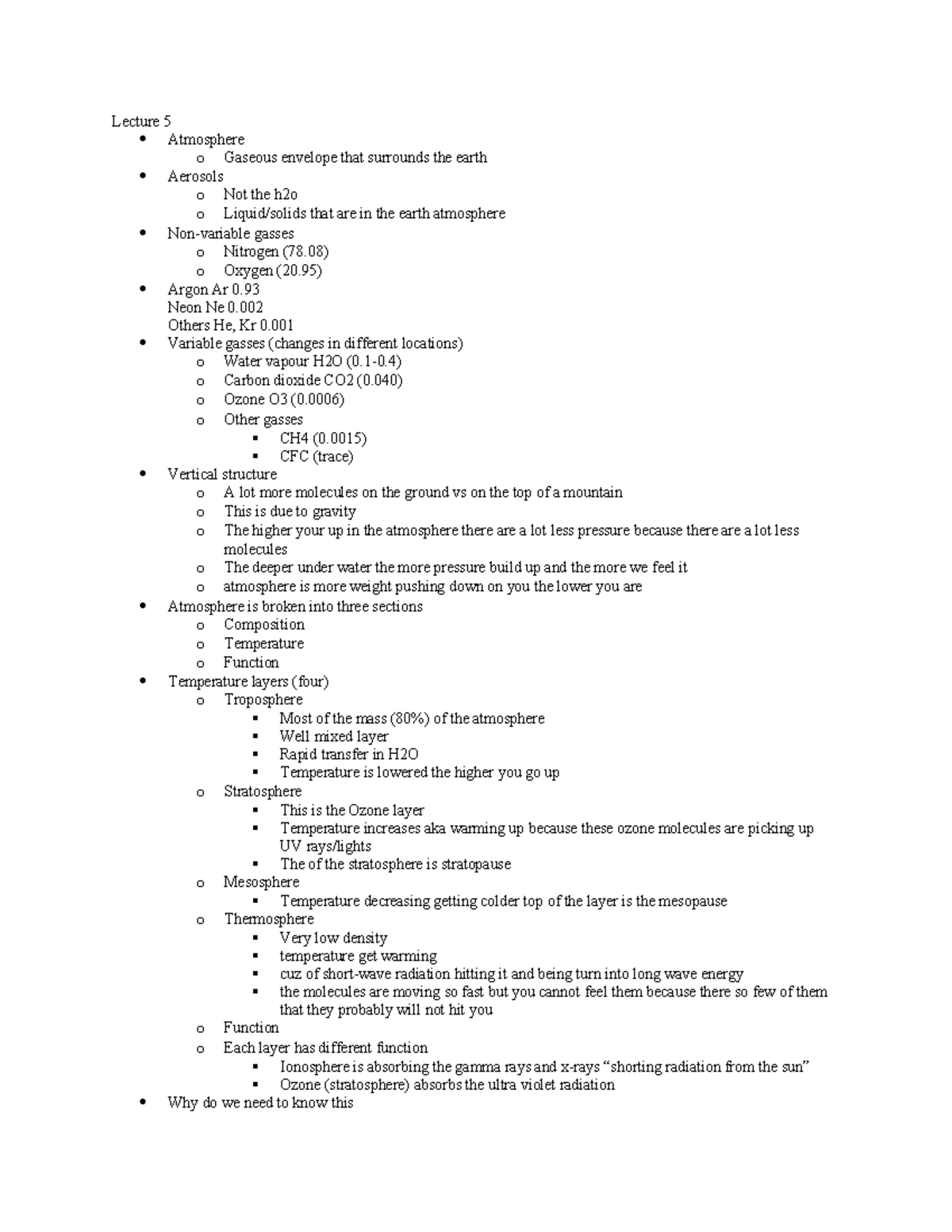 Lecture 5 - In class notes - Lecture 5 Atmosphere o Gaseous envelope ...