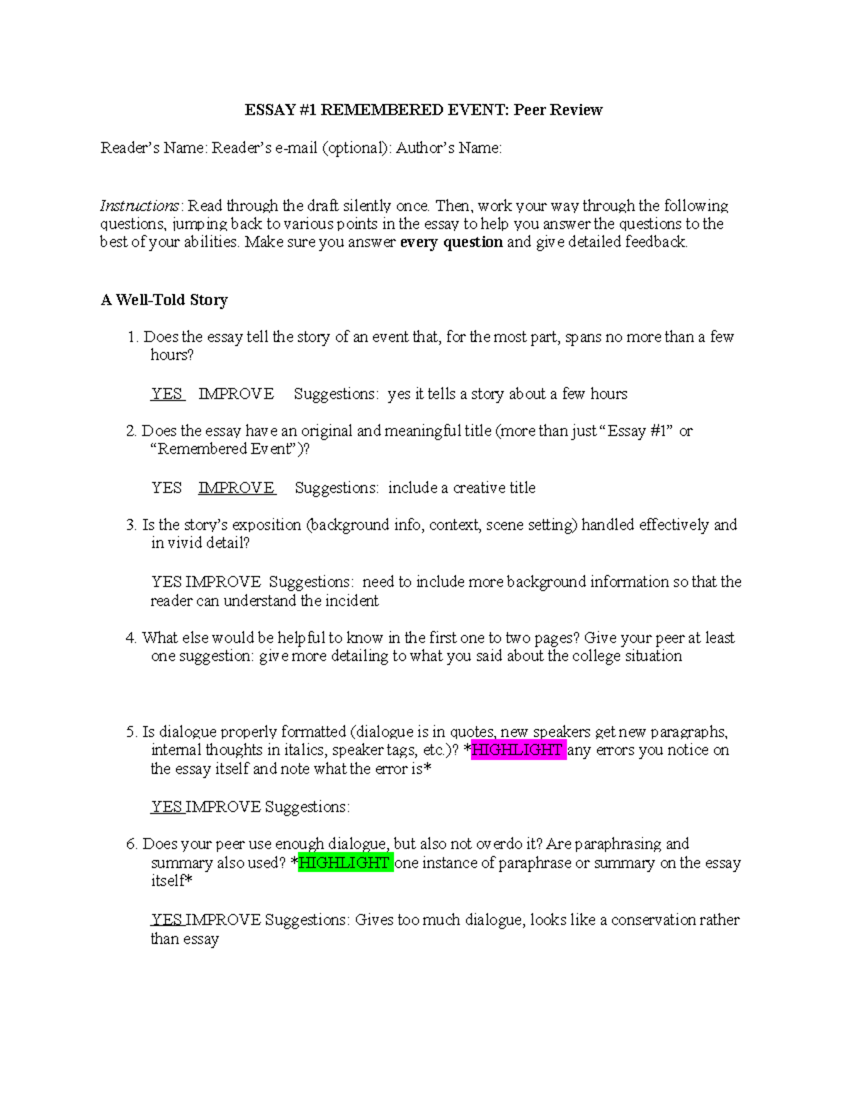 ENGL 1A S23 Remembered Event Peer Review PDF - ESSAY #1 REMEMBERED ...