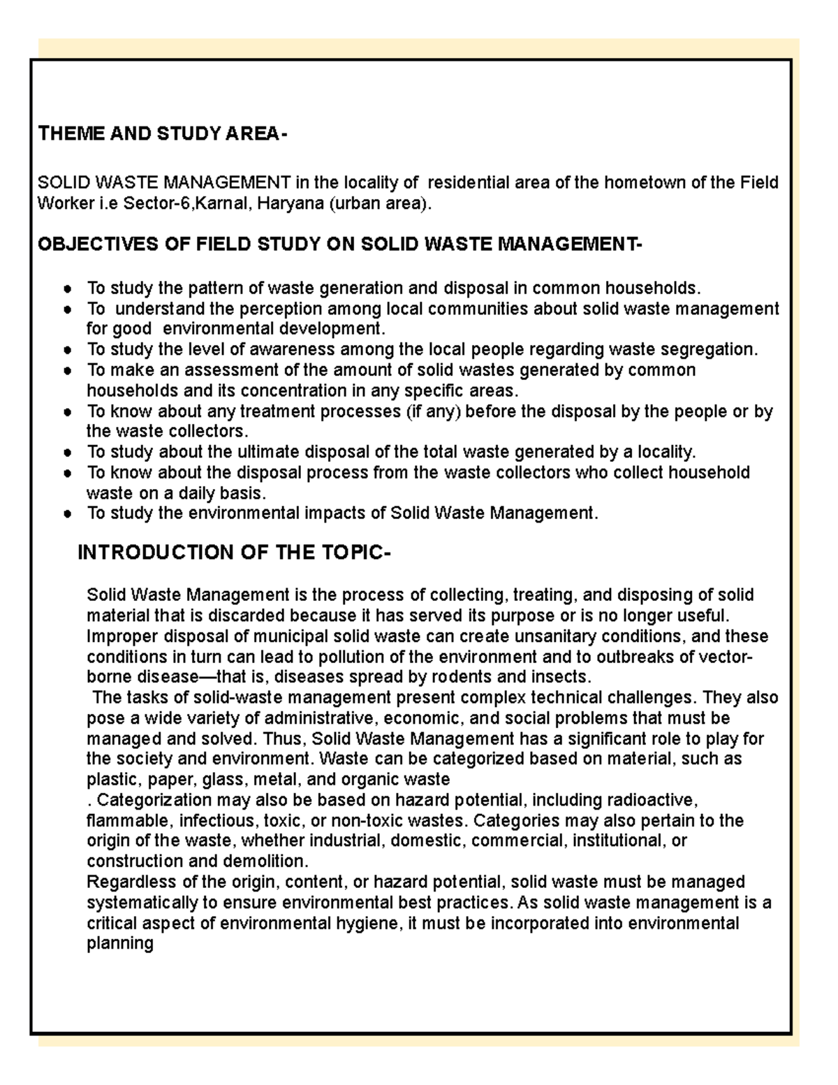 Reasearch proposal on solid waste management - THEME AND STUDY AREA ...