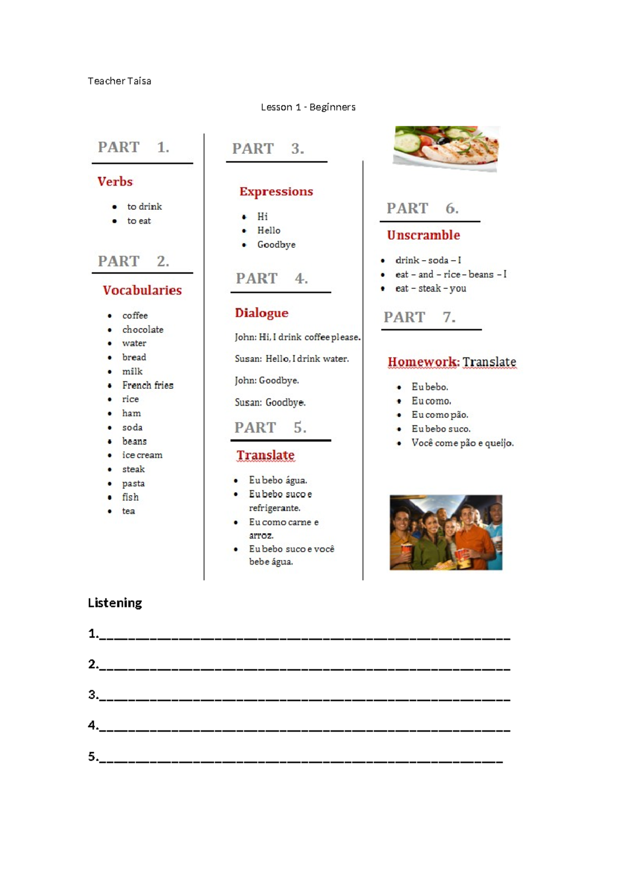 Lesson 1 - Anotações de aula - Teacher Taisa Lesson 1 - Beginners PART ...
