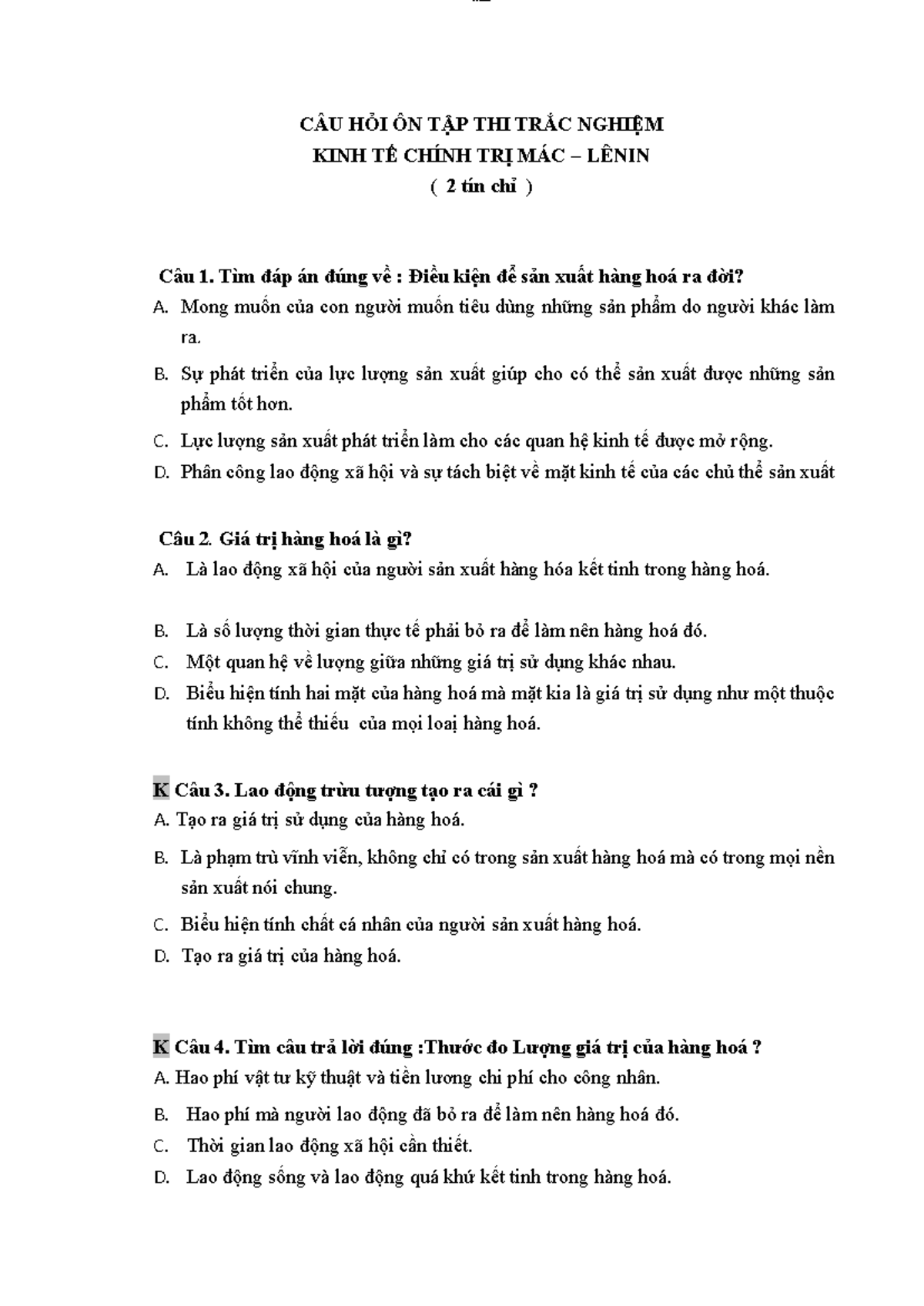 Cau hoi on tap thi trac nghiem mon kinh te chinh tri mac lenin truong 135774 - CÂU HỎI ÔN TẬP ...