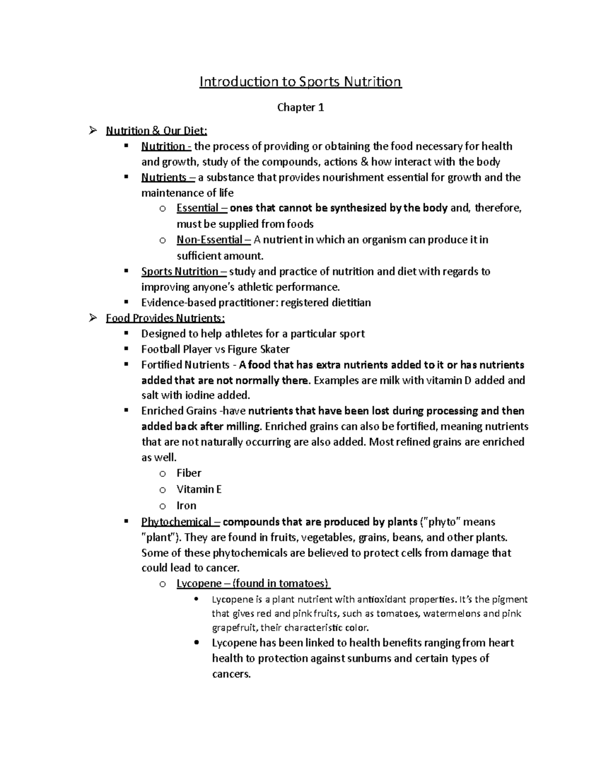 FNU 253 Chapter 1 Notes - Introduction to Sports Nutrition Chapter 1 ...