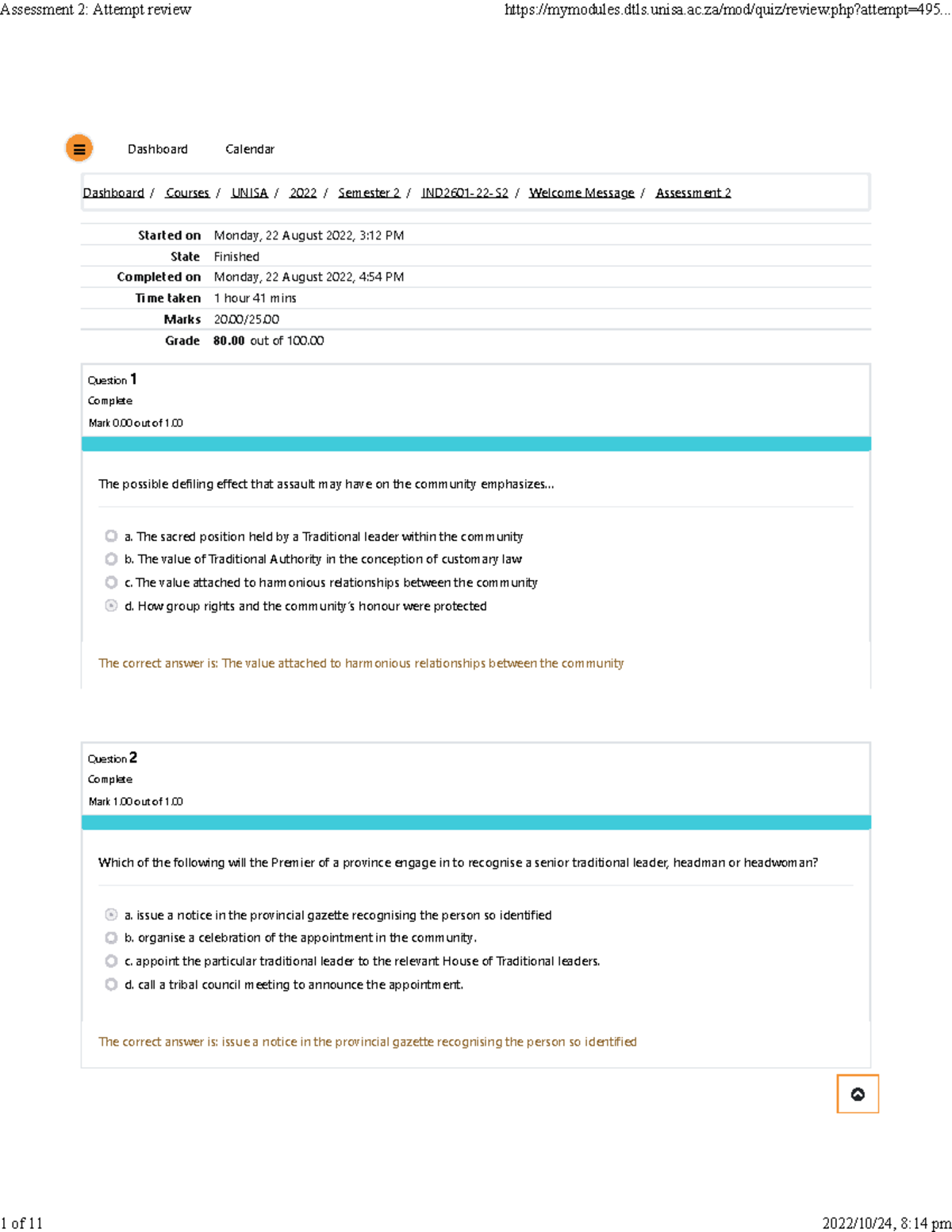 Assessment 2 Attempt review 1 - Started on Monday, 22 August 2022, 3:12 ...