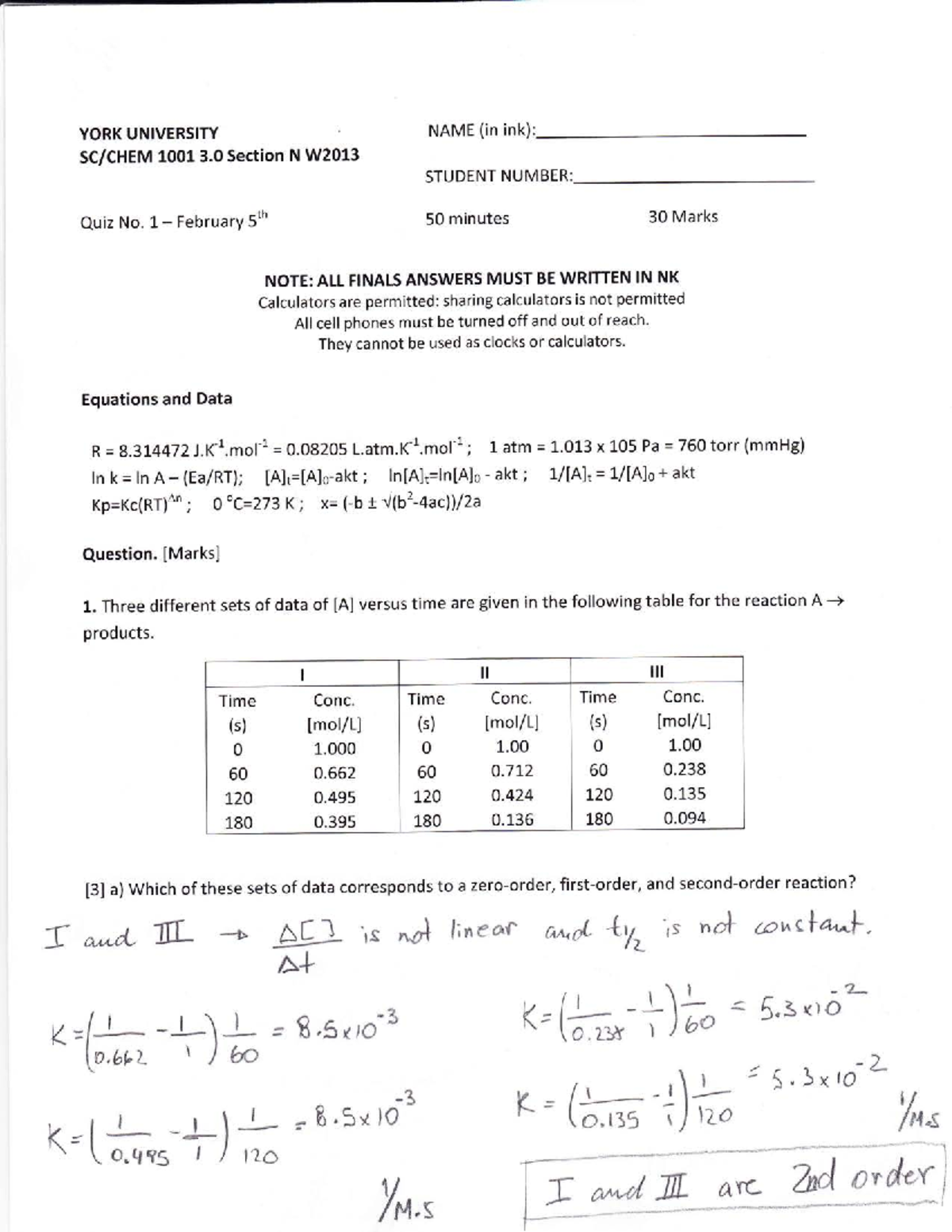 Exam 2014, questions and answers - NAME (in ink): YORK UNIVERSITY 10013 Section N W2013 STUDENT ...