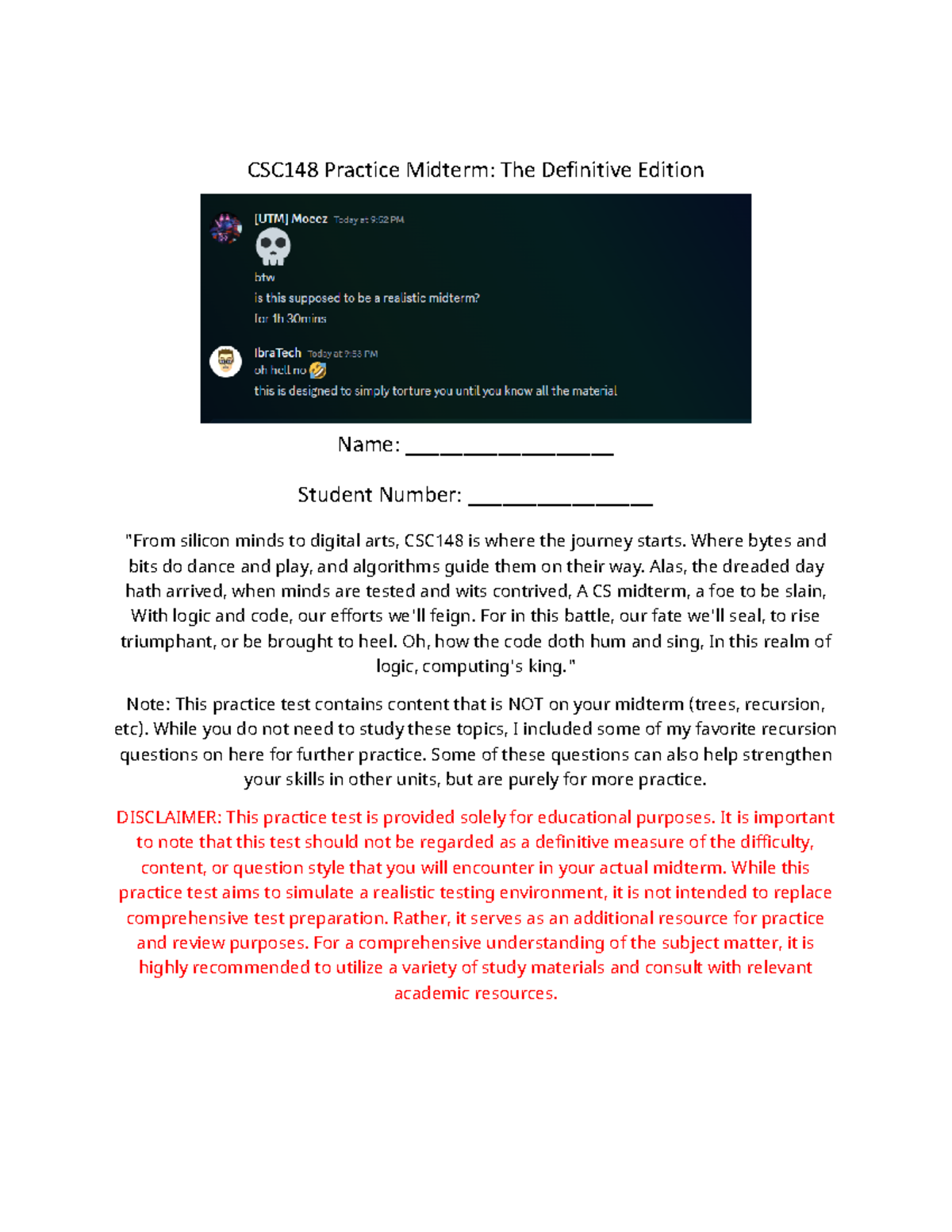 CSC148 Quiz Prep - Quiz Prep - CSC148 Practice Midterm: The Definitive Edition Name: - Studocu