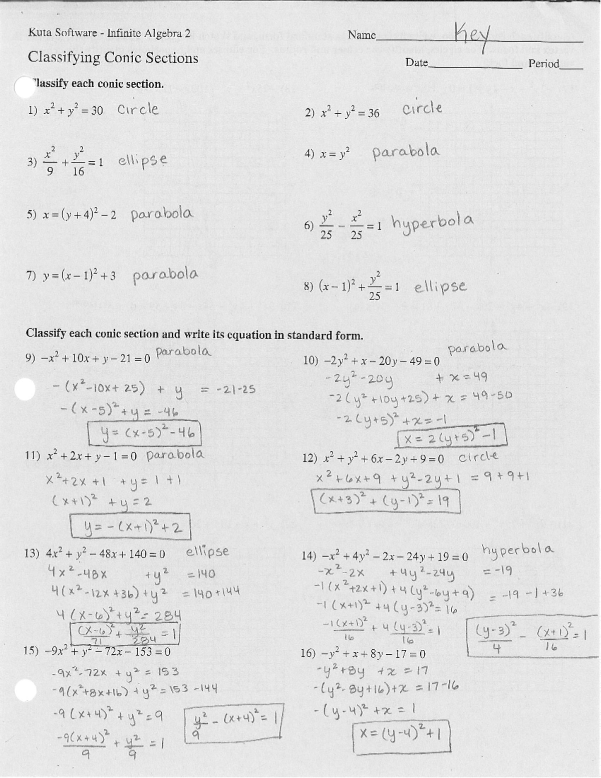 Review worksheet classifying conics - Kuta Software Infinite Algebra 2 ...
