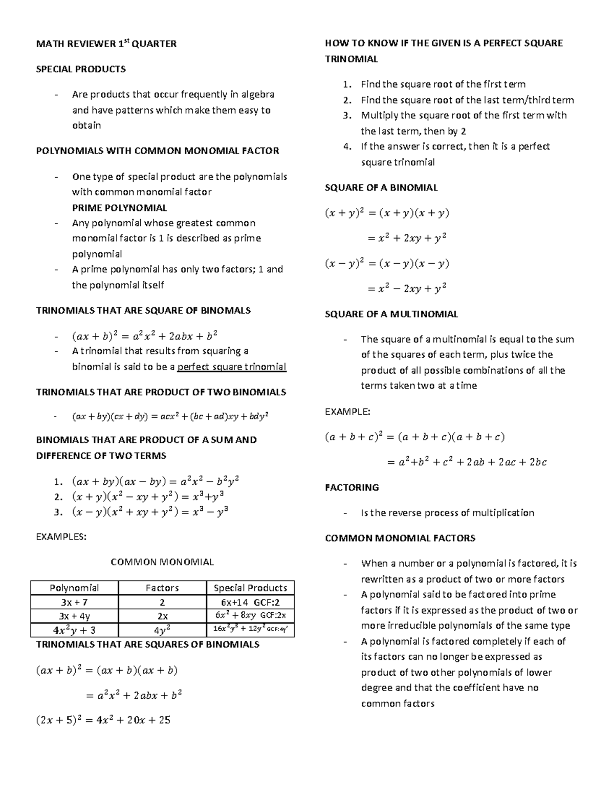 Math 8 Review Notes - MATH REVIEWER 1 st QUARTER SPECIAL PRODUCTS Are ...