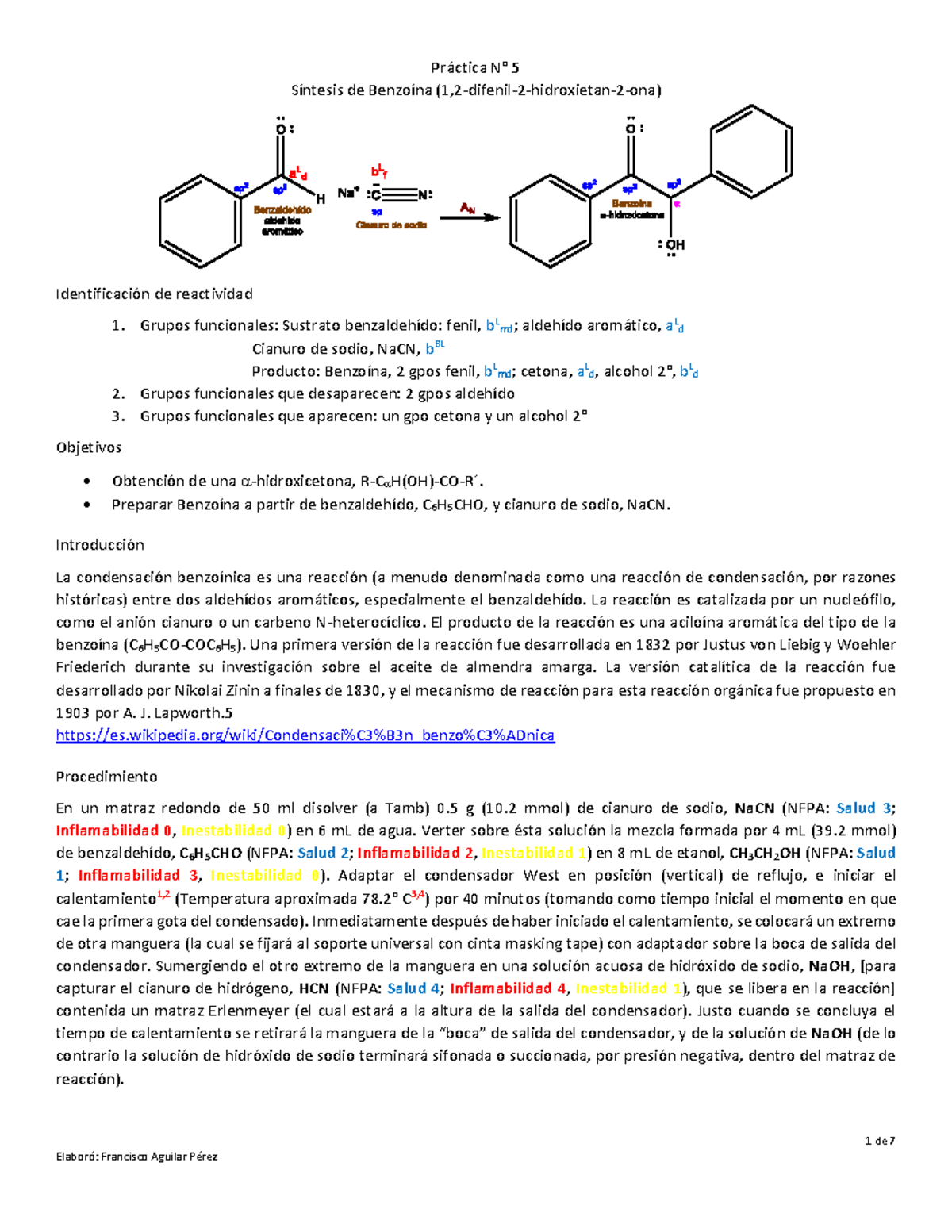 Práctica #5 Benzoína - 1 de 7 Práctica N° 5 Síntesis de Benzoína (1,2 ...