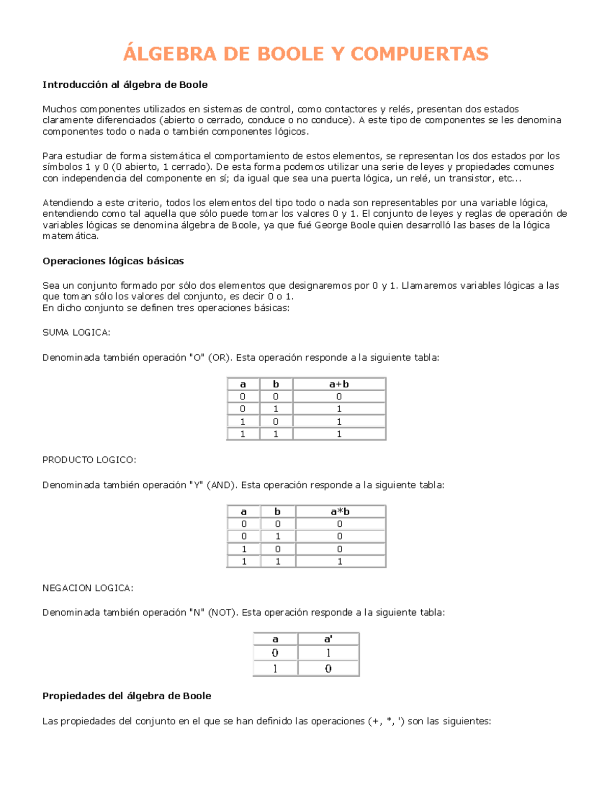 Álgebra DE Boole Y Compuertas - ¡LGEBRA DE BOOLE Y COMPUERTAS IntroducciÛn al ·lgebra de Boole ...