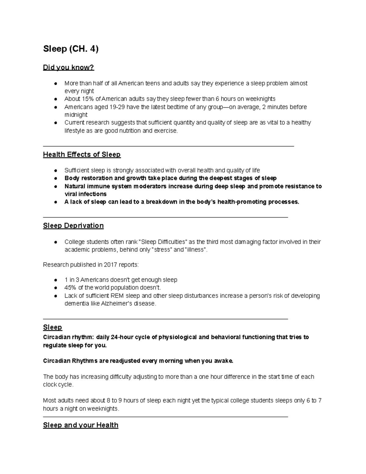 Sleep cycles (CH. 4) - Sleep (CH. 4) Did you know? More than half of ...