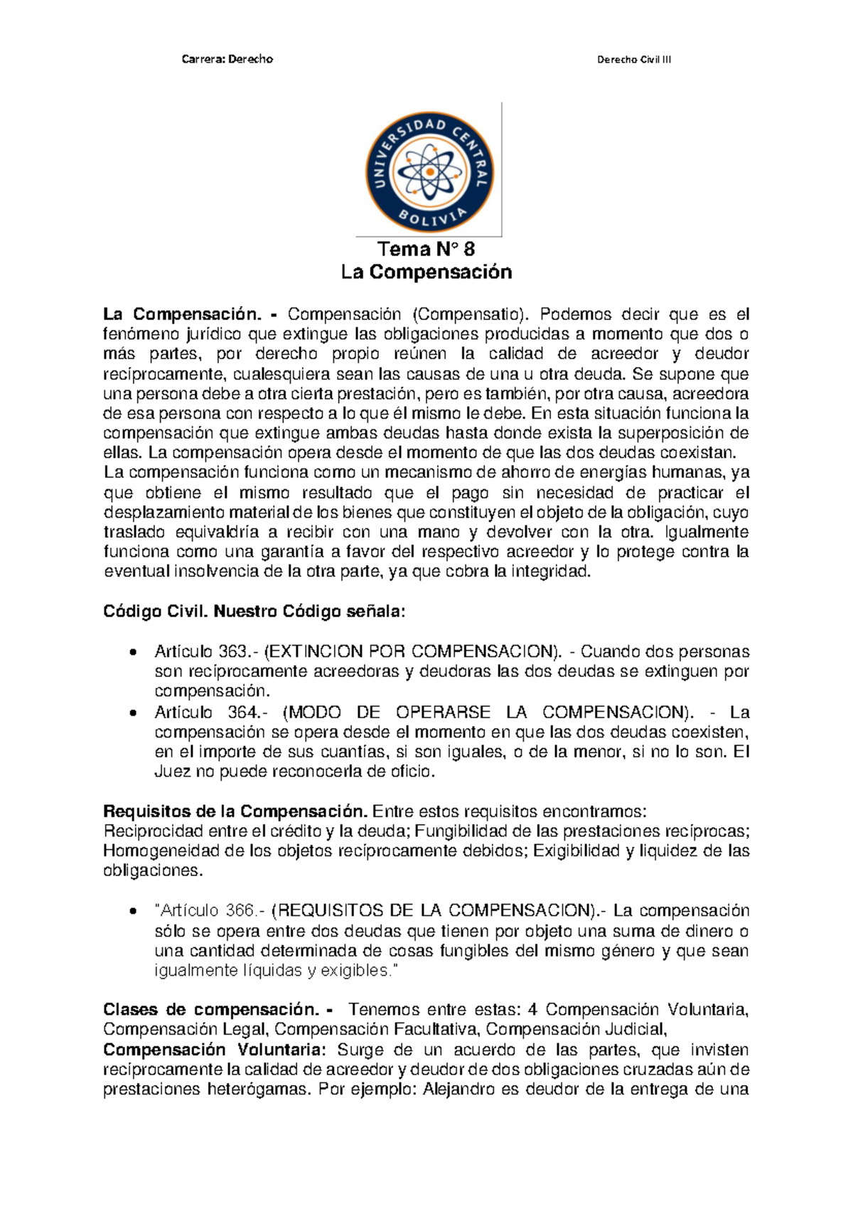Tema N° 8 La Compensación - Carrera: Derecho Derecho Civil lll Tema N ...