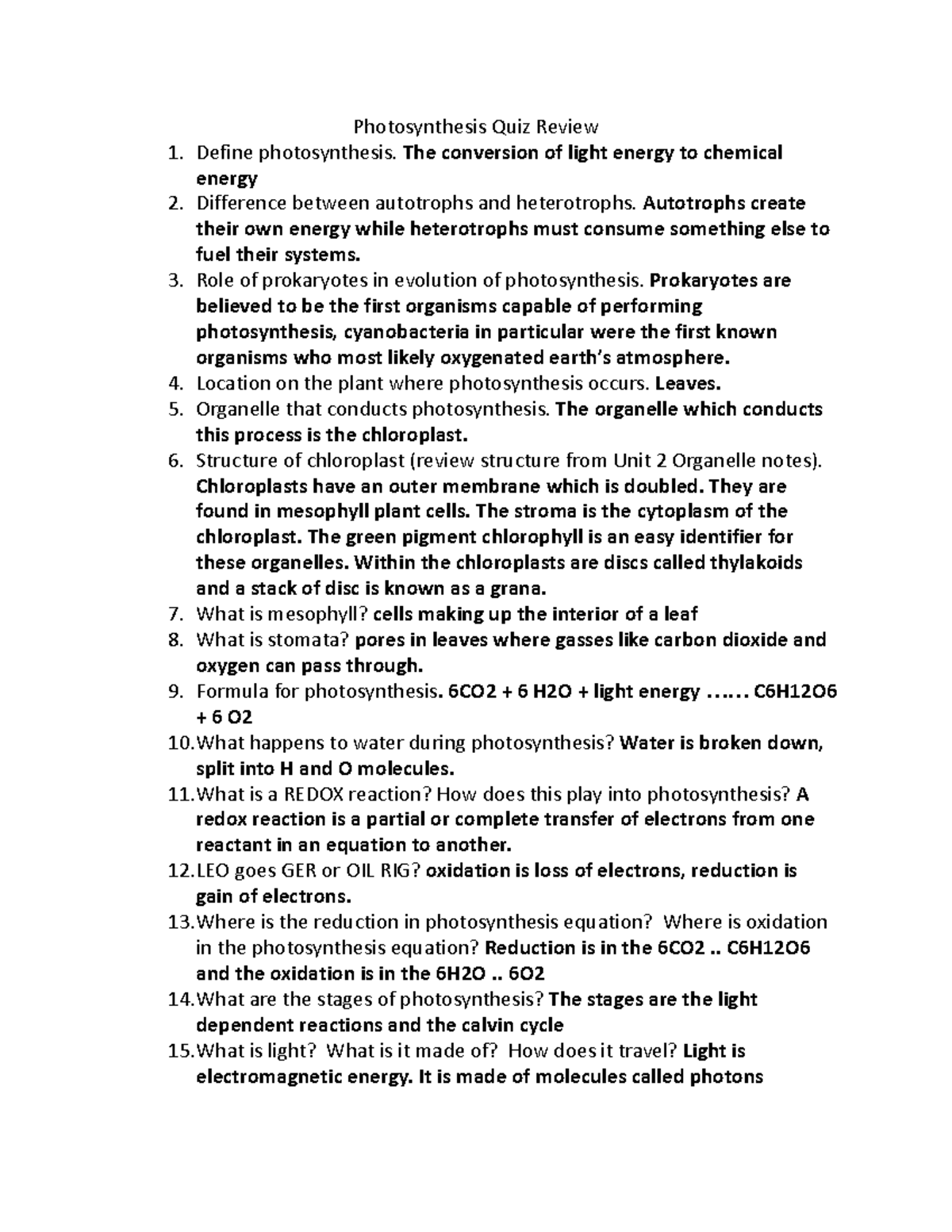 Photosynthesis Quiz Review - Photosynthesis Quiz Review Define ...