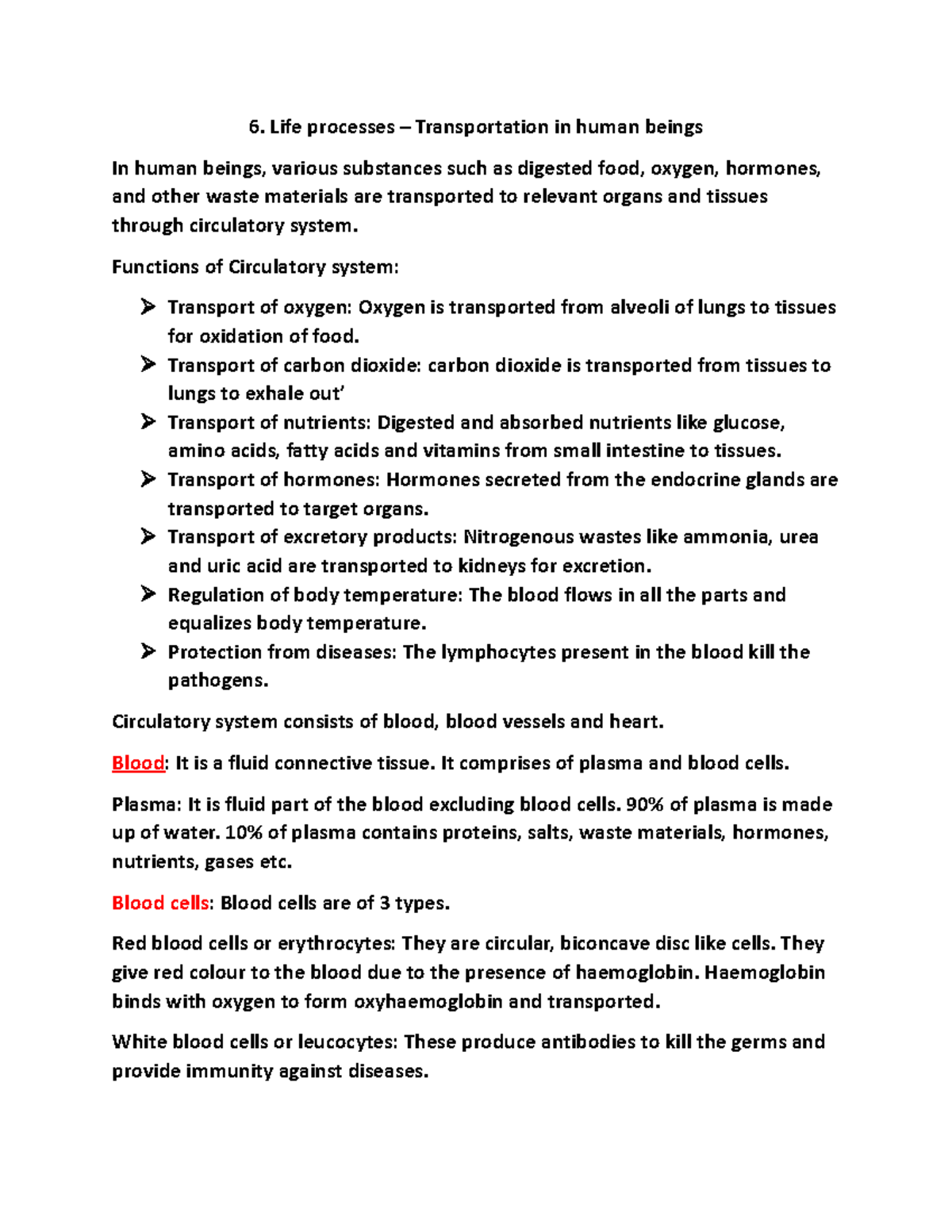 6. Life processes (Transportation in human beings) - Life processes ...