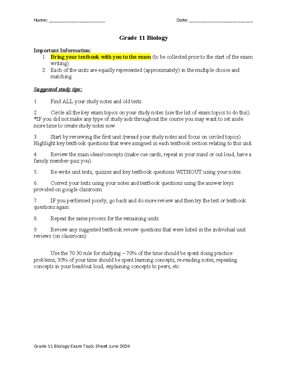 Grade 11 bio exam study sheet - Grade 11 Biology Important Information ...