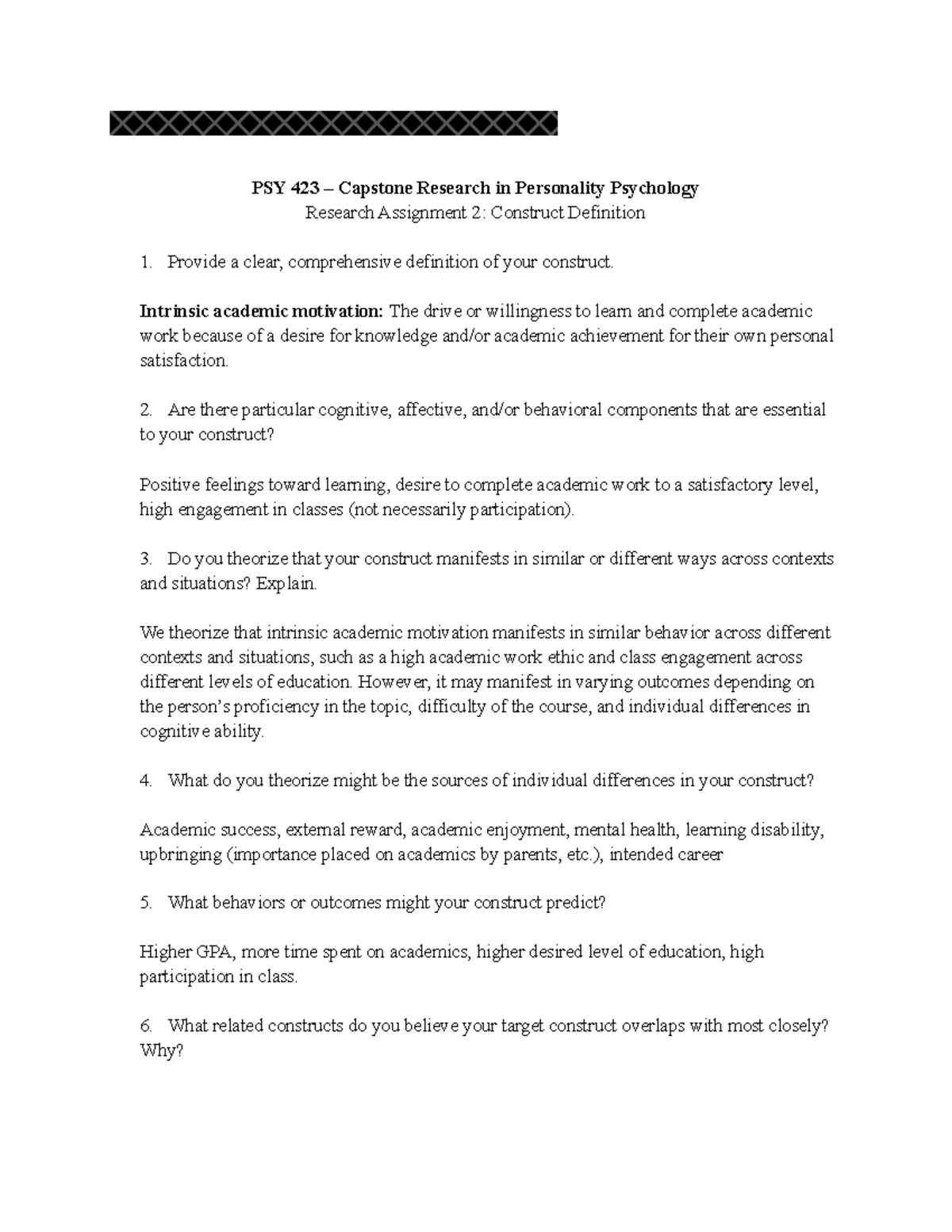 2 - Construct Definition Assignment - PSY 423 3 Capstone Research in ...