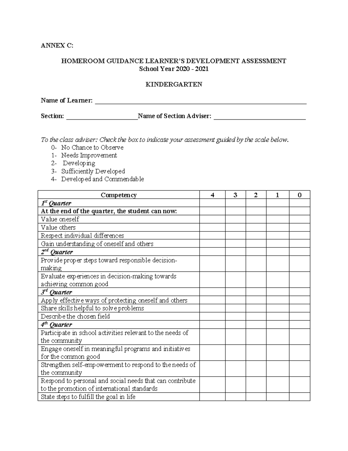 HRGP Learners Development Assessment Template - ANNEX C: HOMEROOM ...